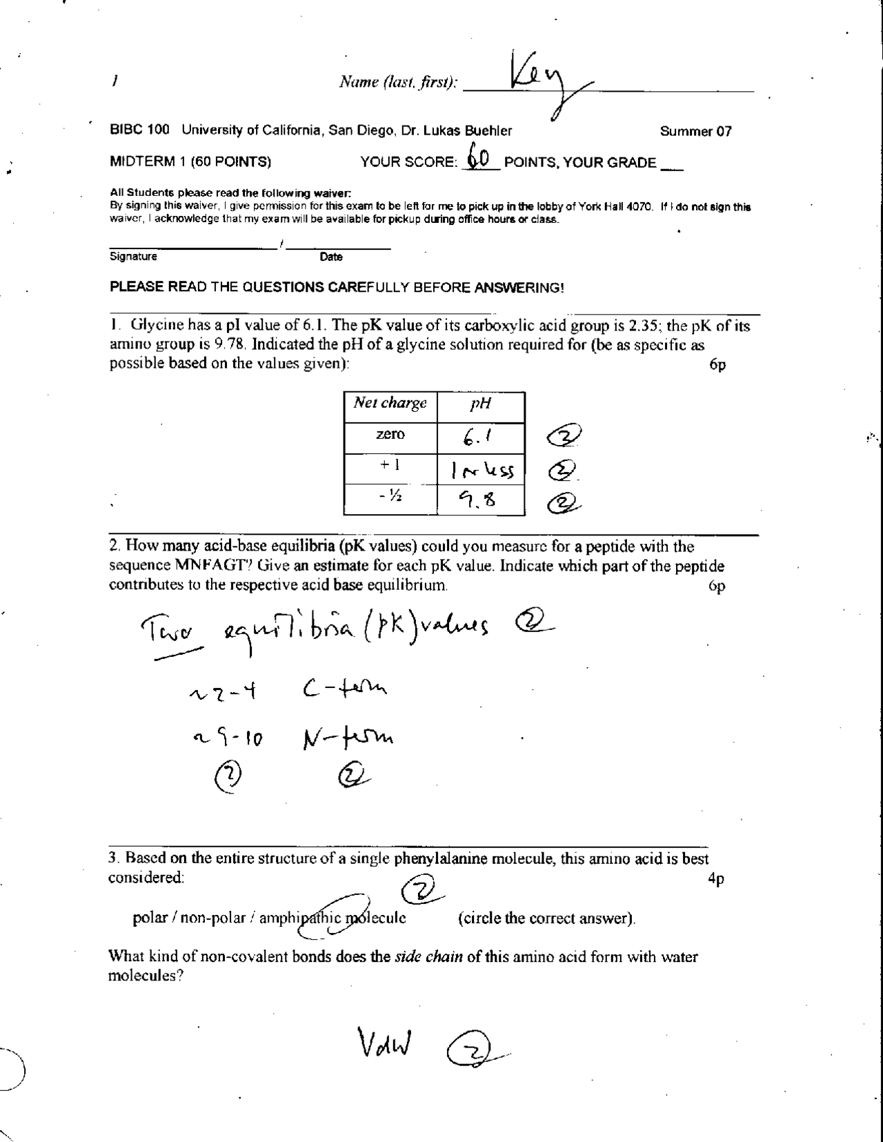 Exam 1 Solved Questions Structural Biochemistry Bibc 100 Docsity