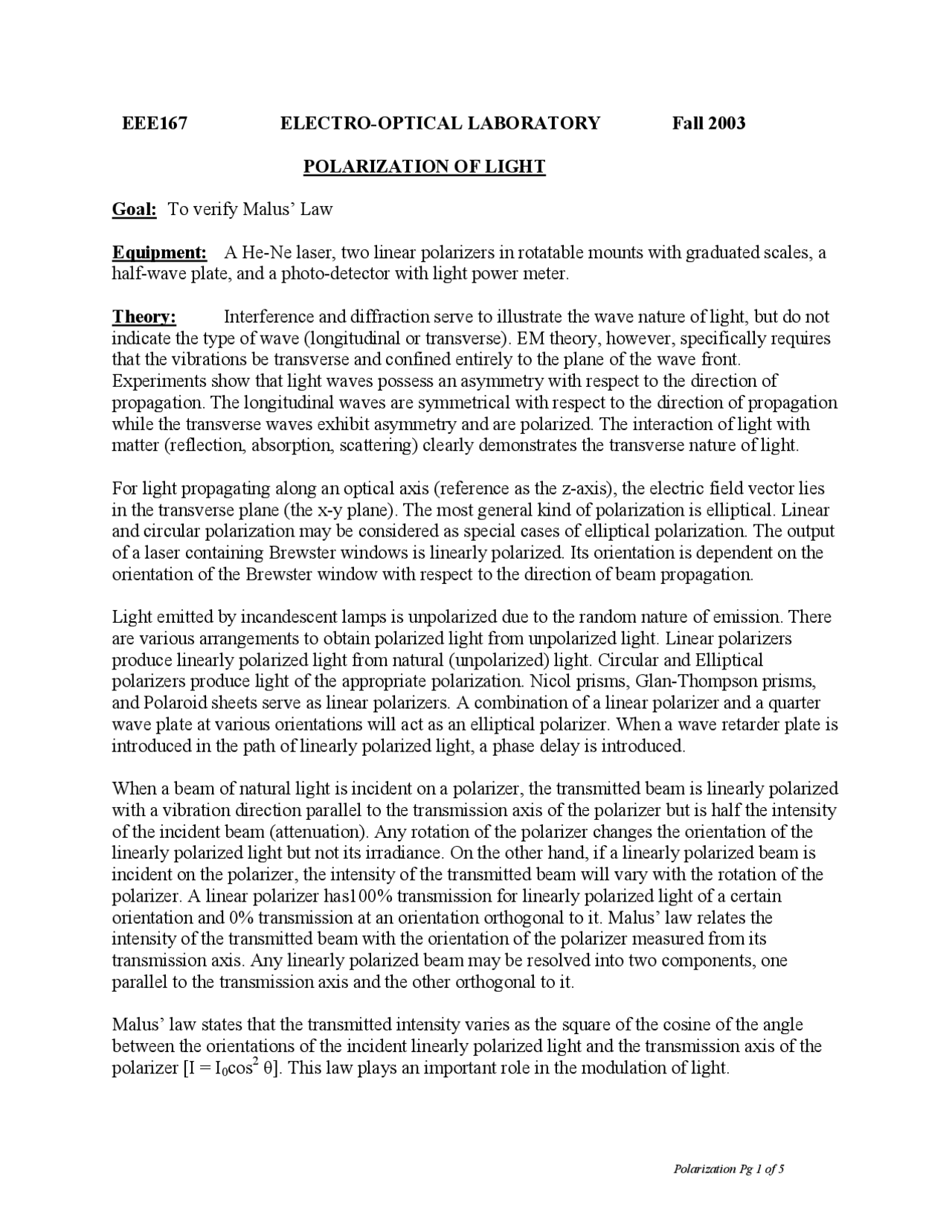 Polarization Of Light Lecture Notes Eee 167 Docsity