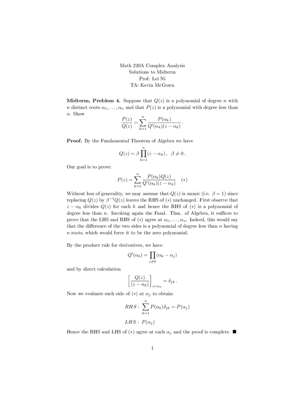 Solutions To Midterm Exam For Complex Analysis Math 220c Docsity