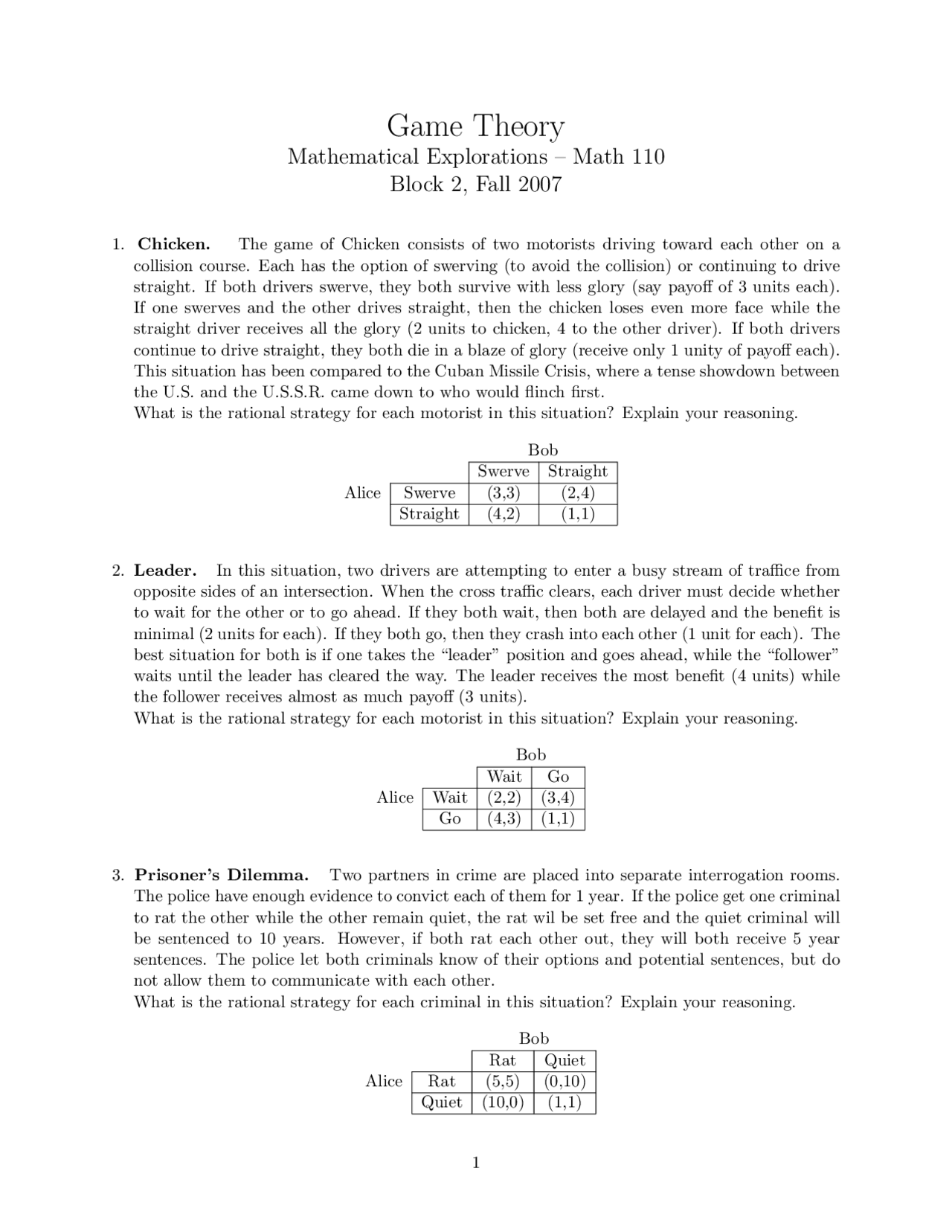 Notes On Game Theory Mathematical Explorations Math 110 Docsity