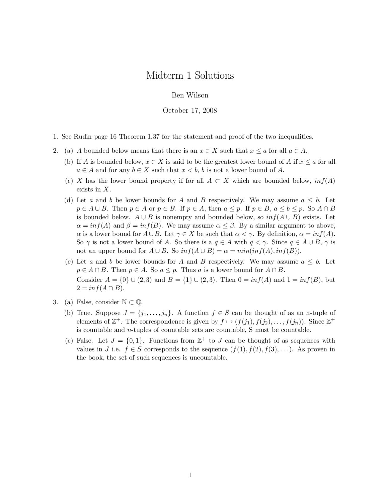 Midterm Exam 1 Solutions Foundations Of Analysis Math 140a Docsity