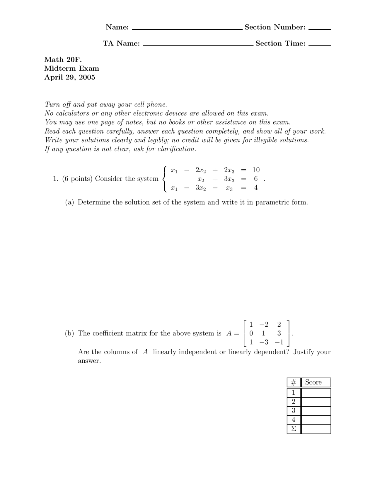 Midterm Exam Spring 2005 Linear Algebra Math 20f Docsity