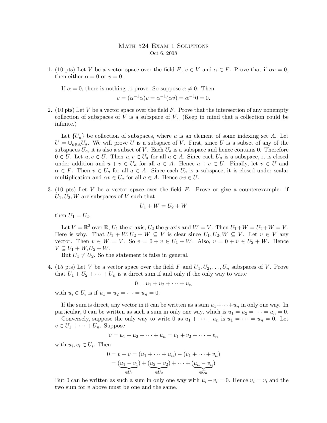 6 Solved Questions For Linear Algebra Math 524 Docsity