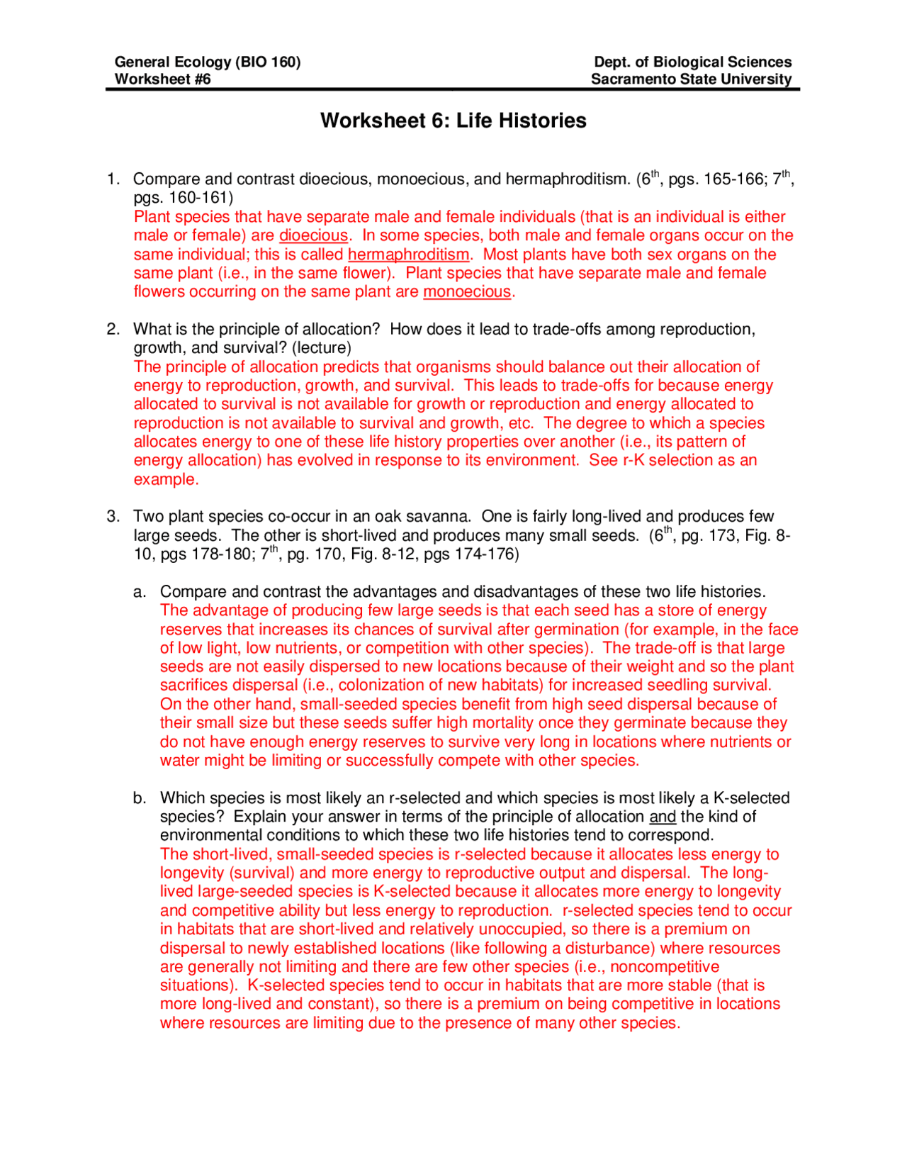 Life Histories: Worksheet 6 - General Ecology | BIO 160 - Docsity