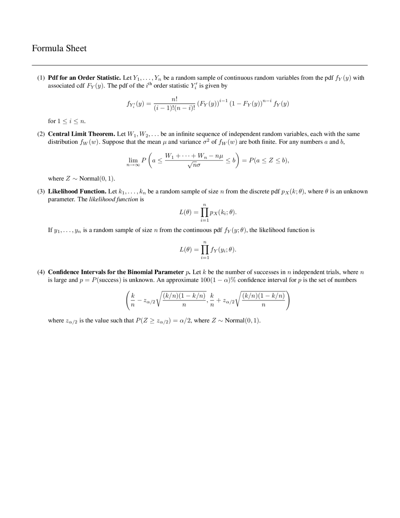 Formula Sheet for Statistical Methods | MATH 183 - Docsity