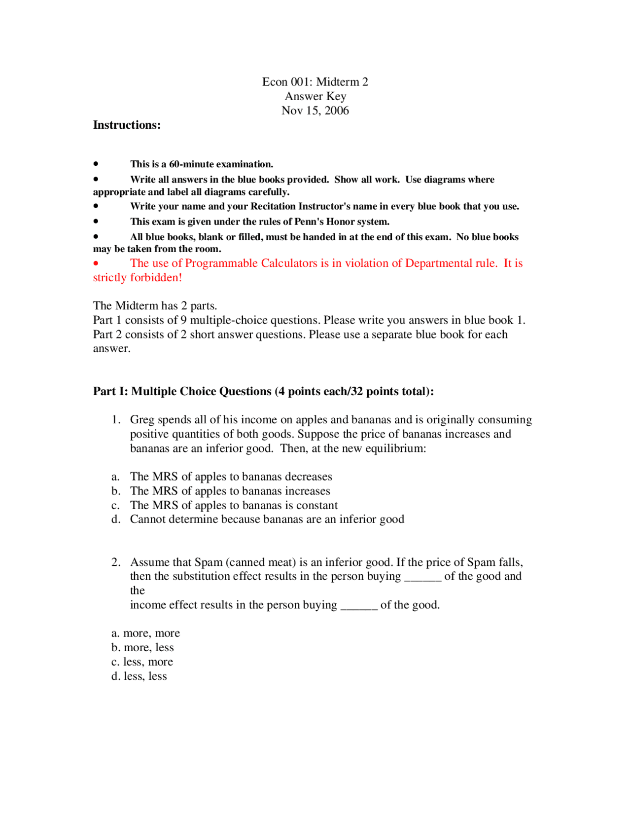 Midterm Exam 2 Questions With Answers Introduction To Microeconomics