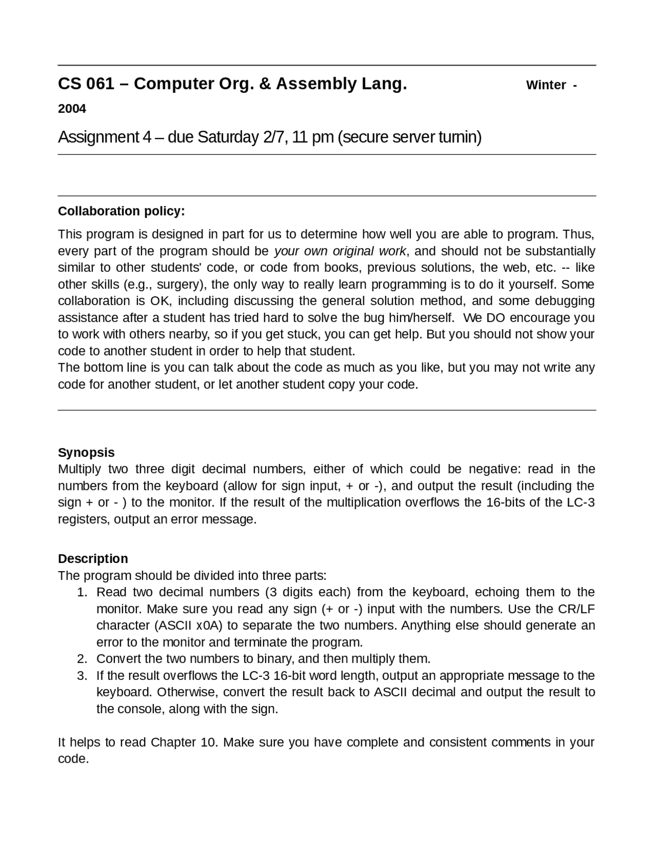 Assembly Language And Machine Organization Assignment 4 Questions Cs 061 Docsity