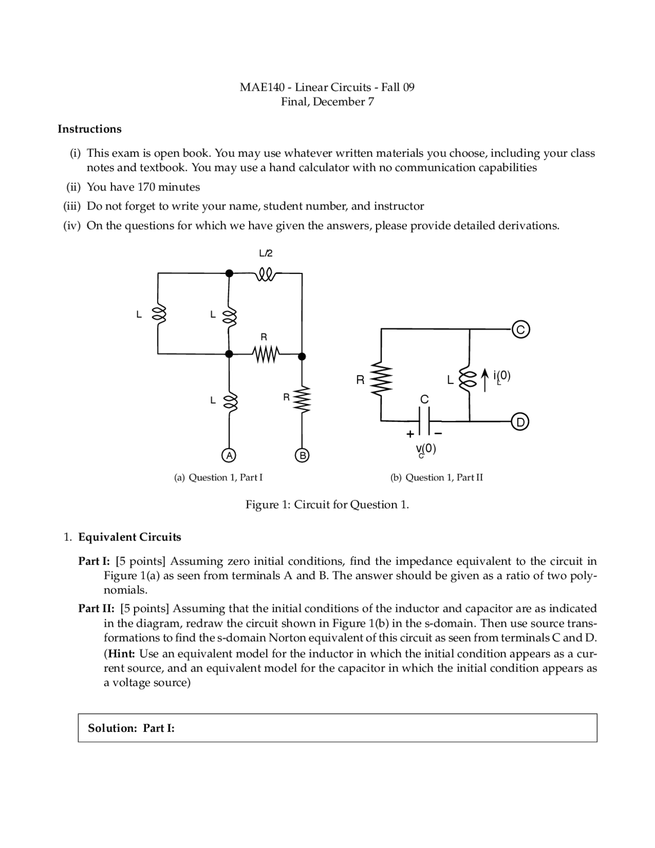Final Exam Questions - Linear Circuits | MAE 140 - Docsity