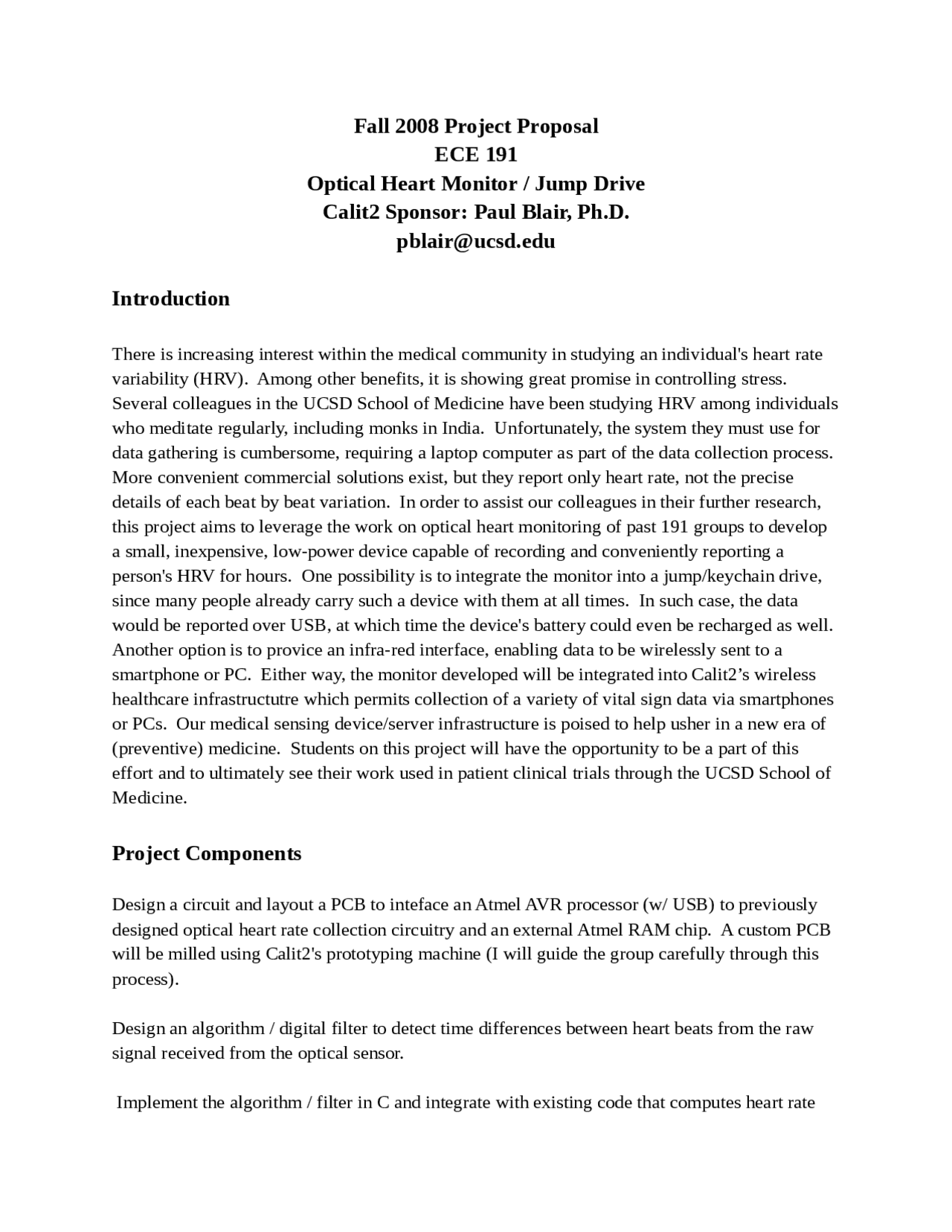 Optical Heart Rate Monitor Project Proposal for ECE 191 | Study Guides, Projects, Research ...