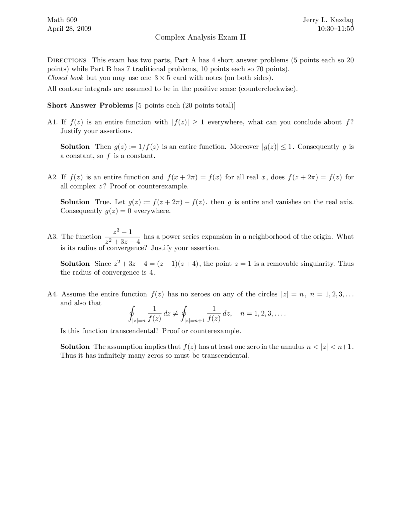 Solutions to Exam II - Complex Analysis - Fall 2009 | MATH 609 - Docsity