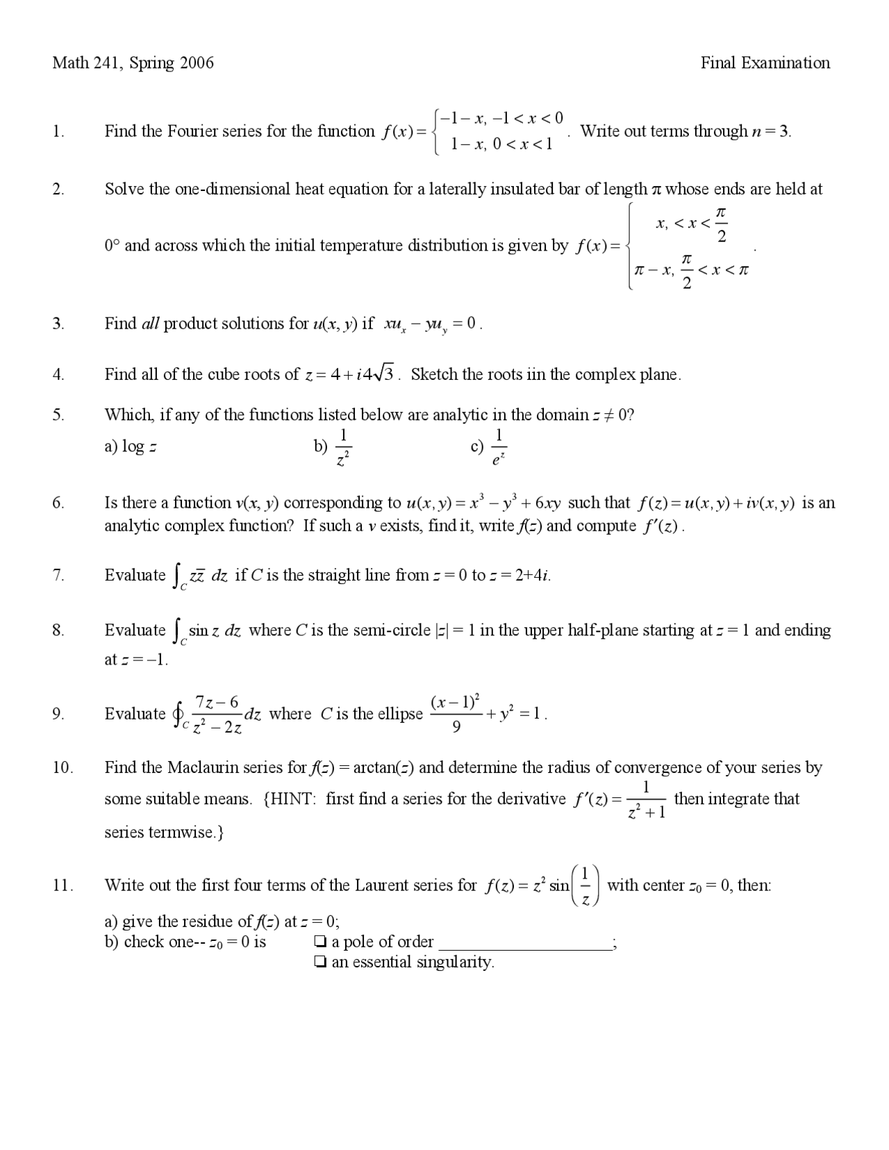 Final Examination Spring 2006 Calculus Iv Math 241 Docsity