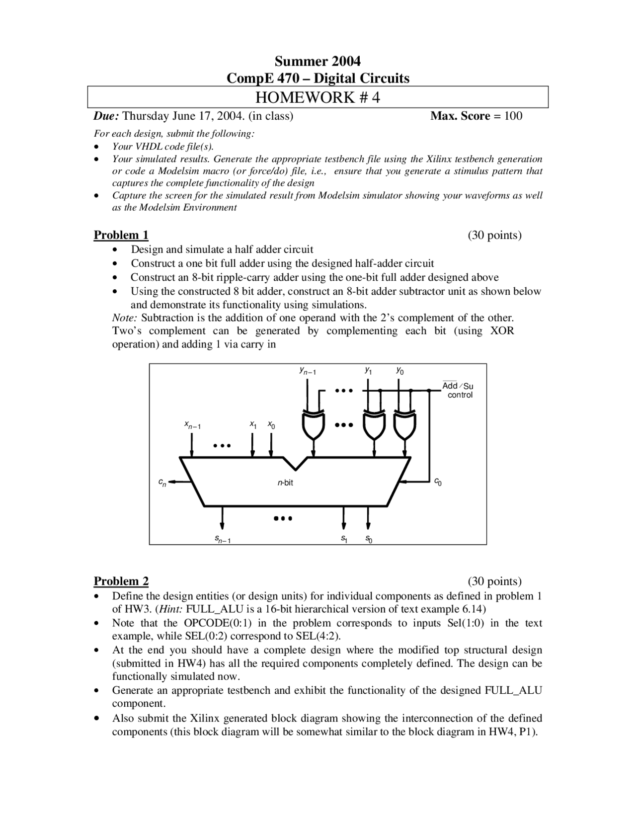 Problems On Digital Circuits Homework Iv Compe 470 Docsity
