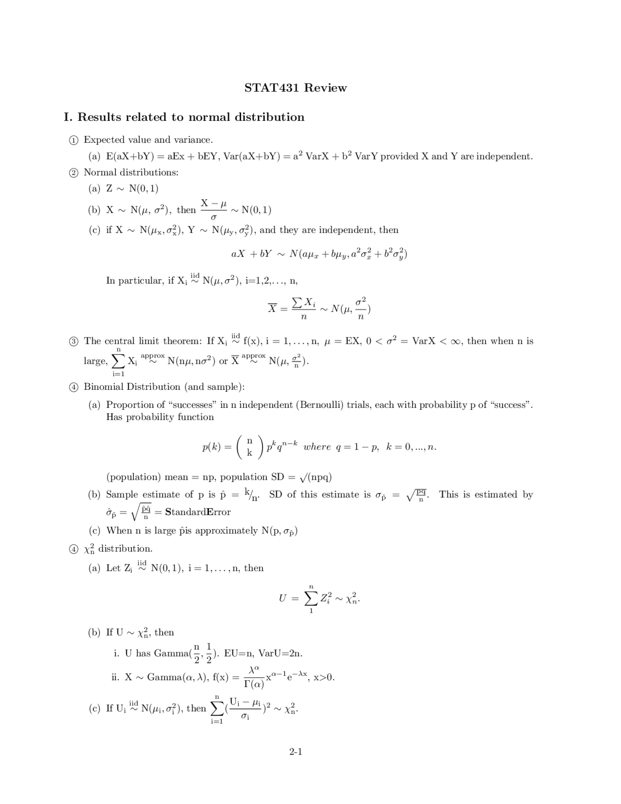 Review Sheet for Statistical Inference - Midterm Exam | STAT 431 | Exams Statistics | Docsity