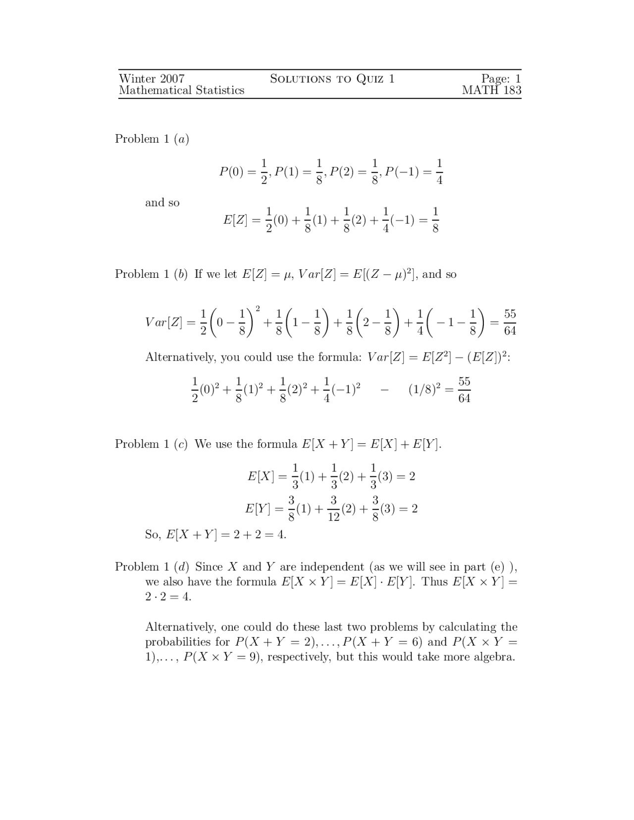 Solutions To Quiz 1 For Statistical Methods Math 183 Quizzes Analyse De Régression Docsity