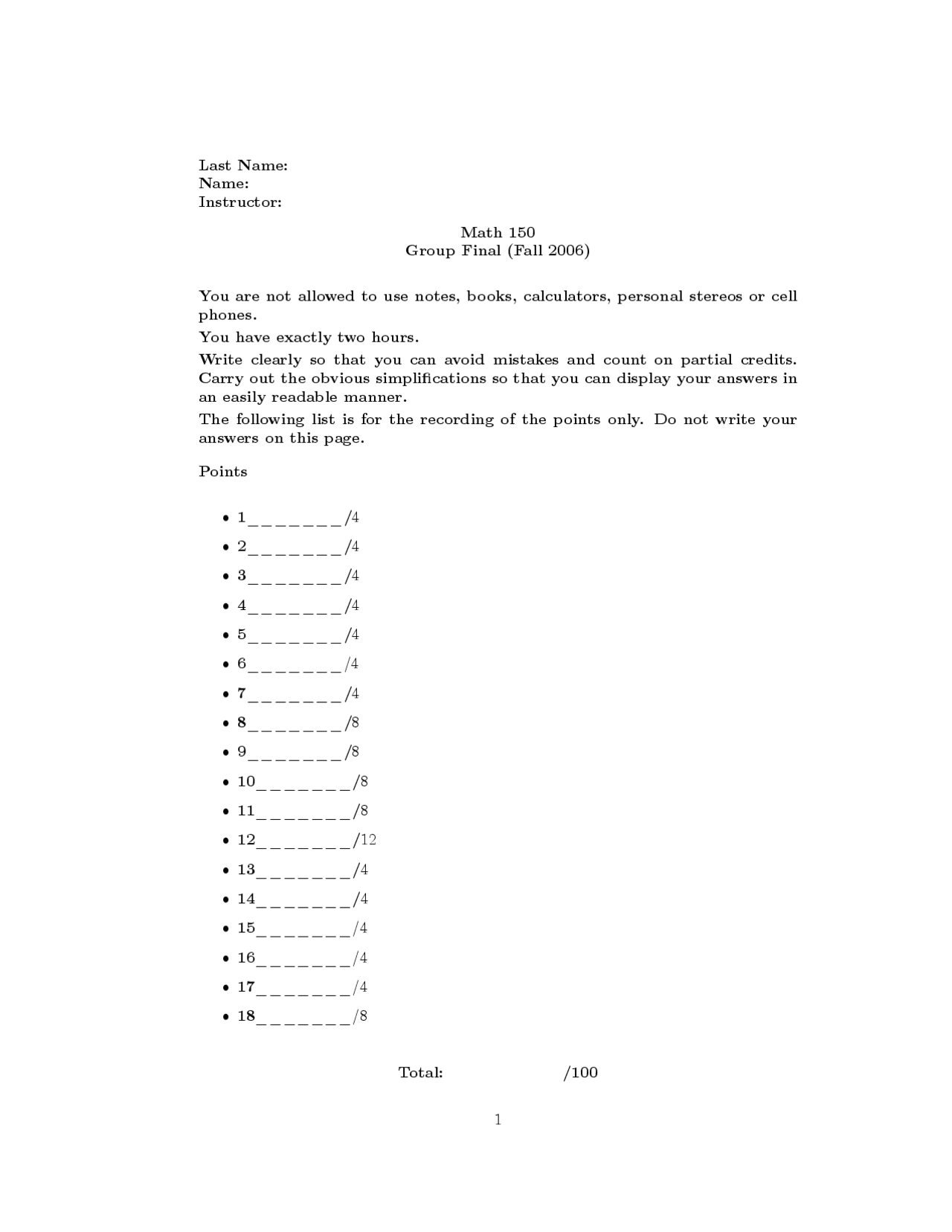 18 Questions In Calculus I Final Exam Math 150 Docsity