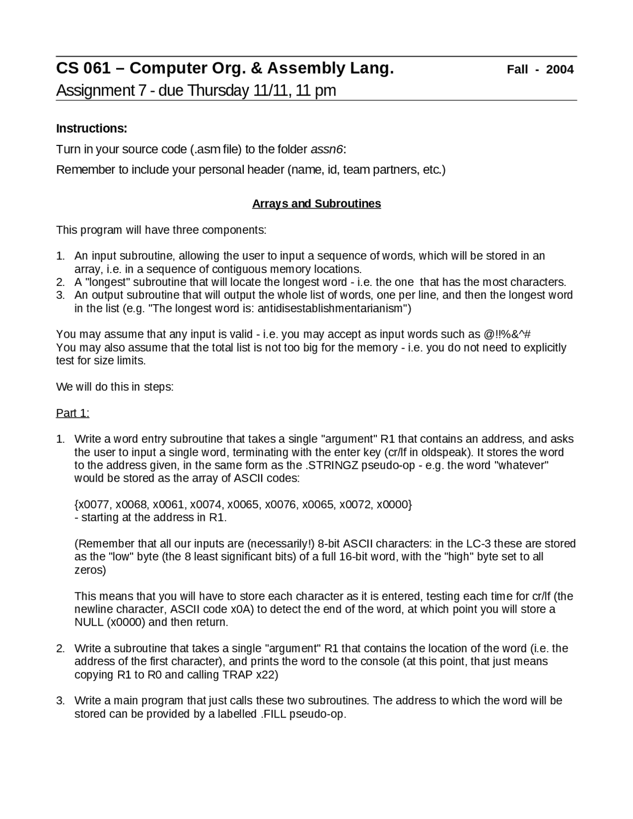 Arrays And Subroutines Organizationassembly Language Assignment Cs 061 Docsity