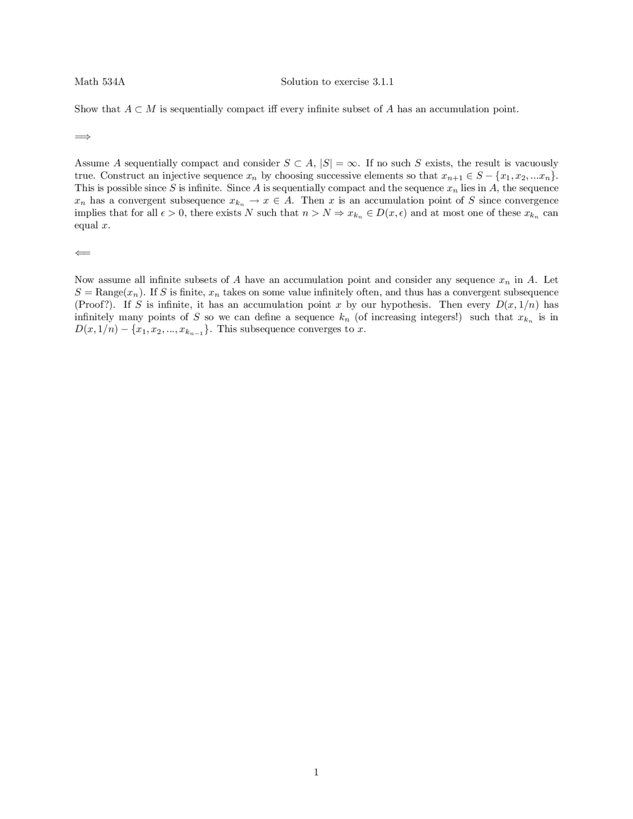 Sequential Compactness and Accumulation Points: Analysis of Exercise 3.1.1 in Math 534A ...