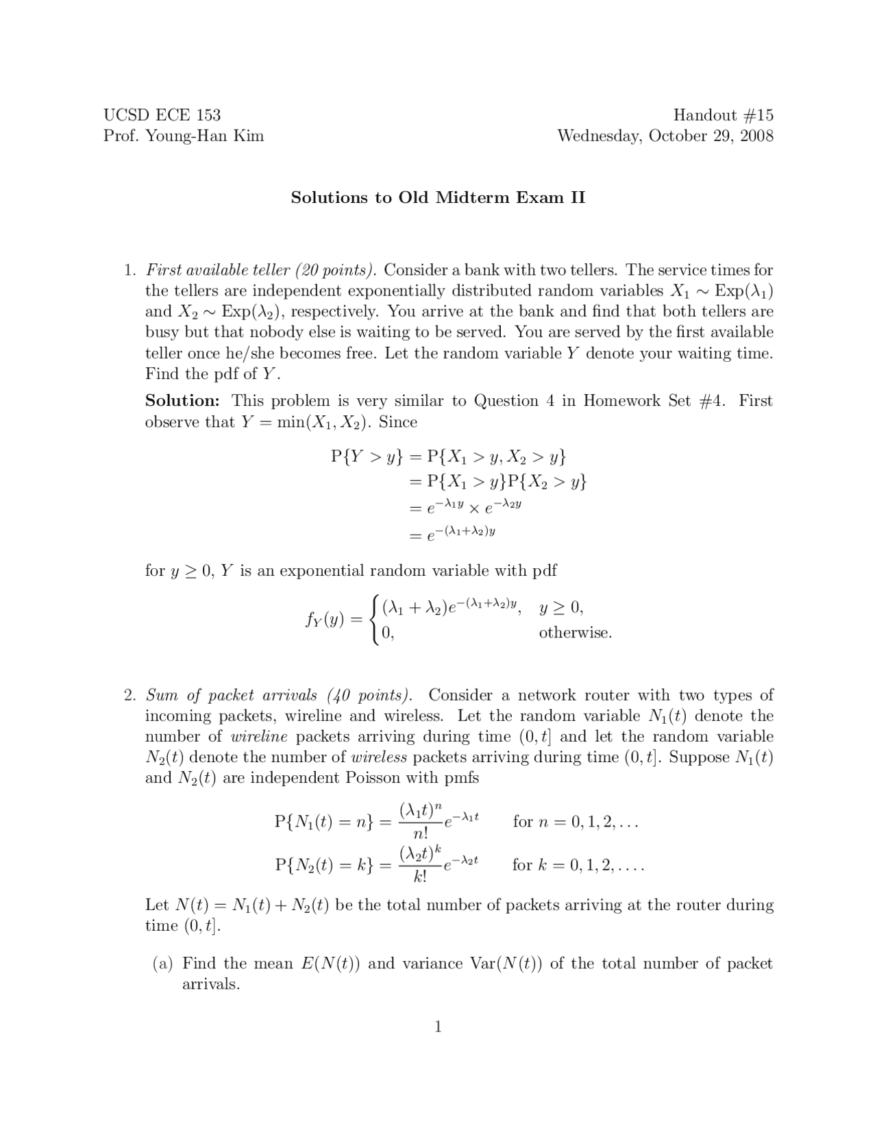 Solutions to Old Midterm - Probability and Random Process Engineering ...