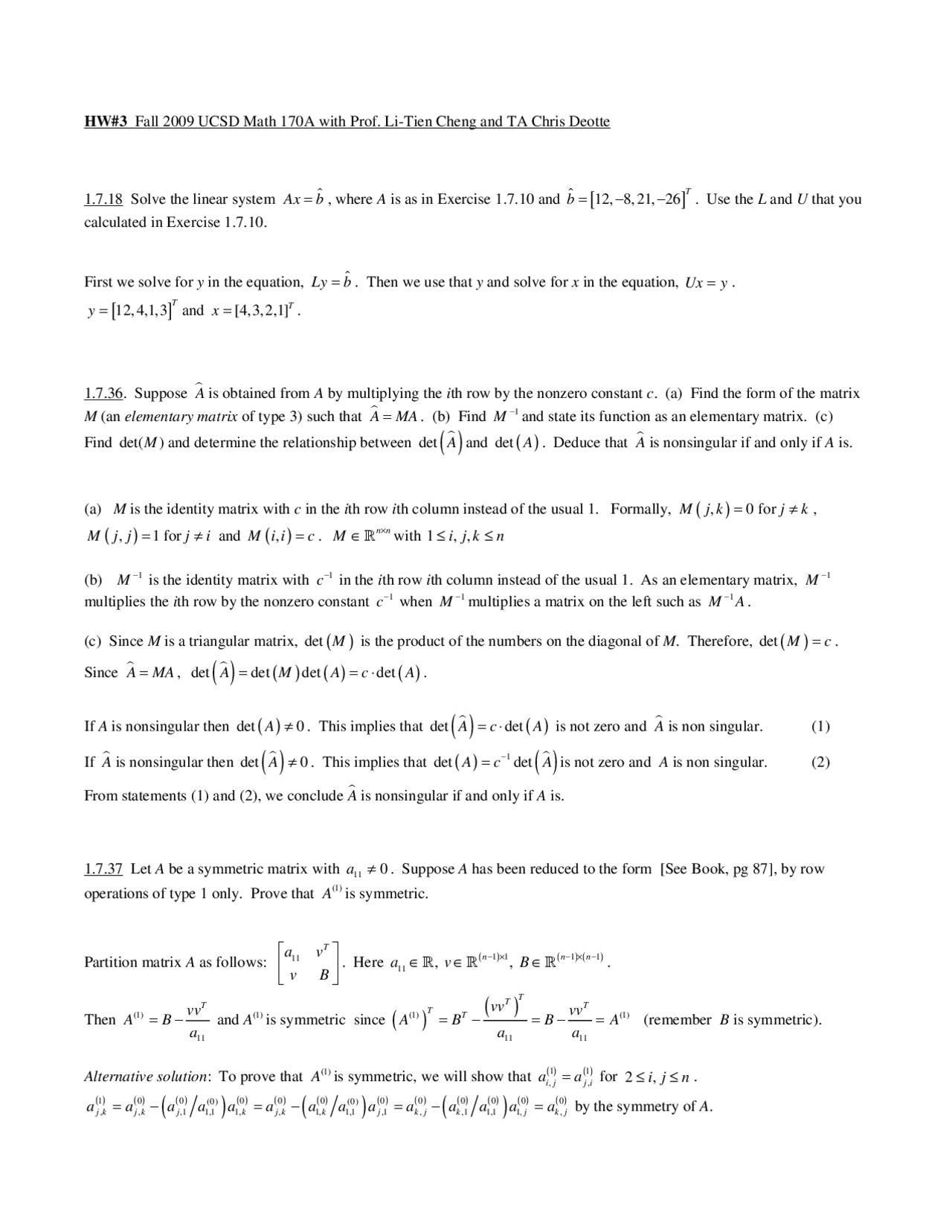 Homework 3 Practice Problems On Numerical Linear Algebra Math 170a