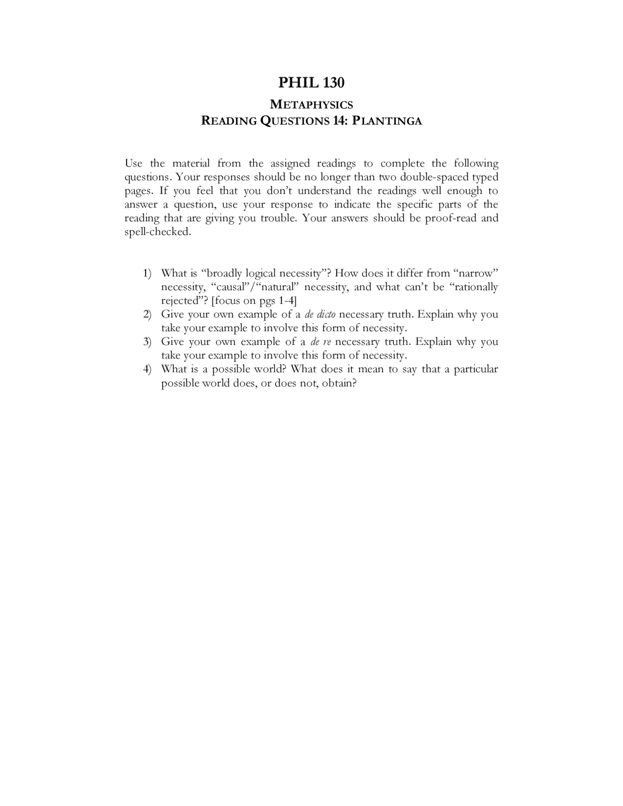 Plantinga - Assignment 14 - Metaphysics | PHIL 130 | Assignments ...