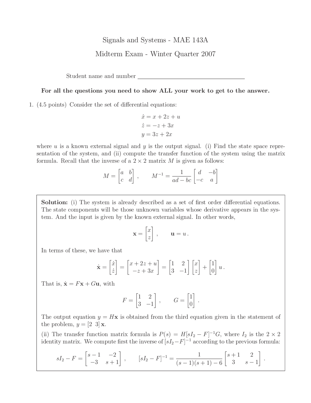 Solutions for Midterm Exam - Signals and Systems | MAE 143A - Docsity