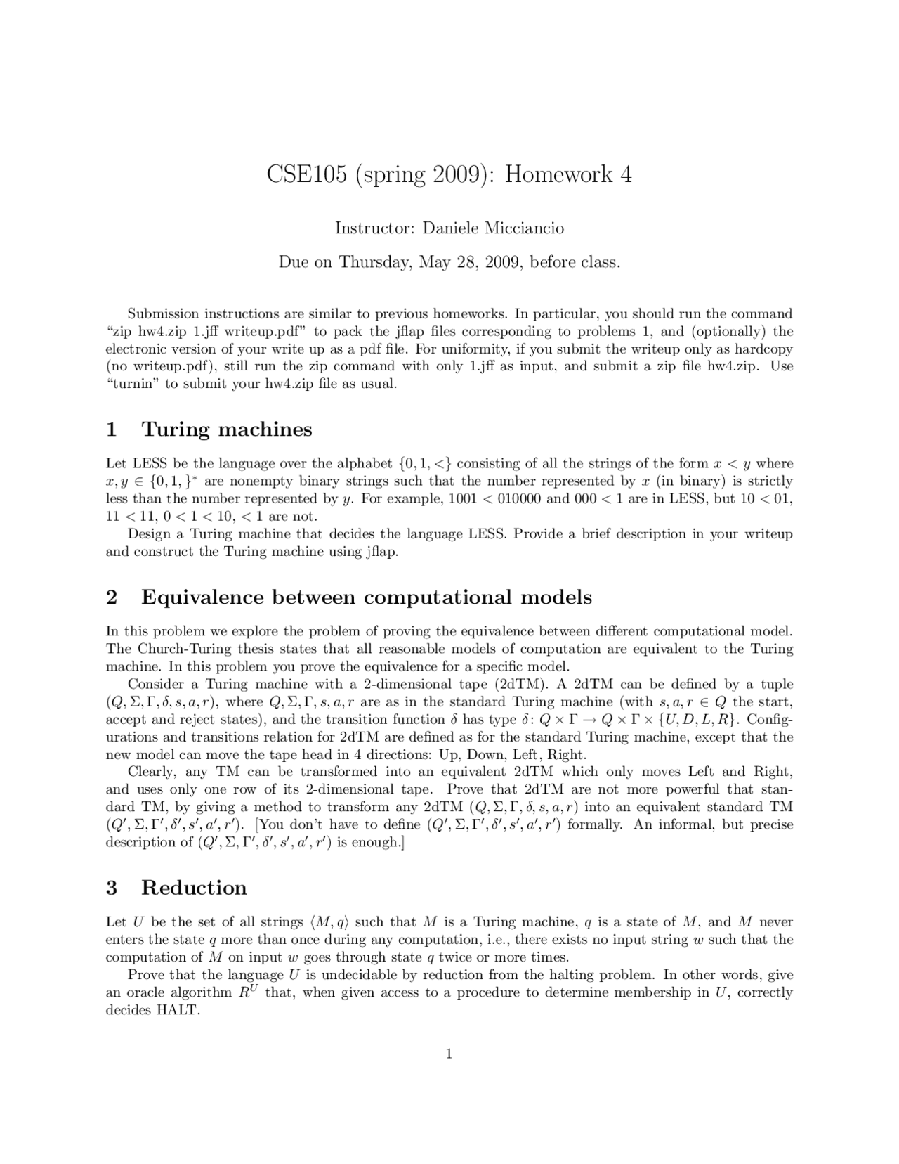 CSE105 Homework 4: Turing Machines & Computational Model Equivalence (Spring '09) - Prof ...