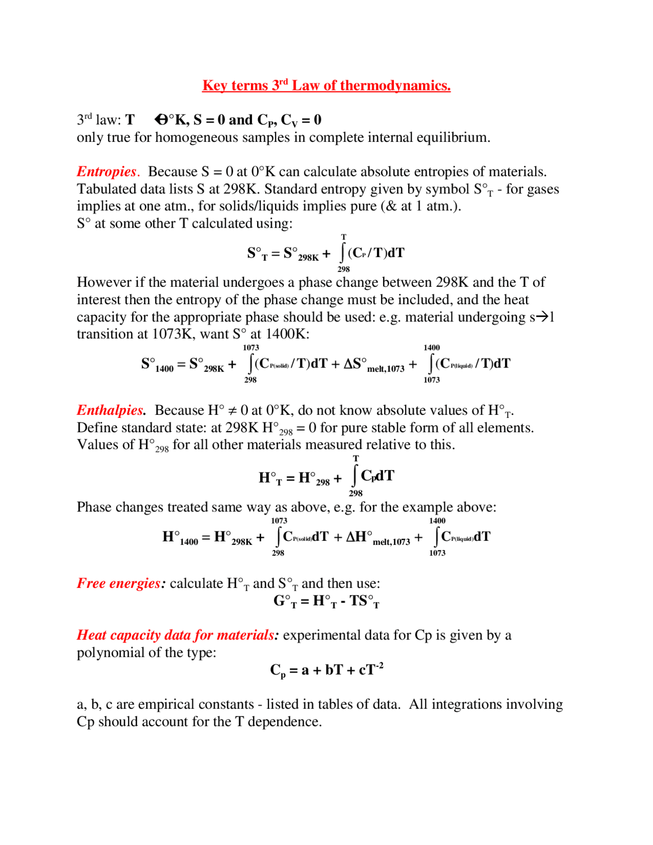 The Key Terms In The Third Law Of The Thermodynamics Mse 260 Docsity