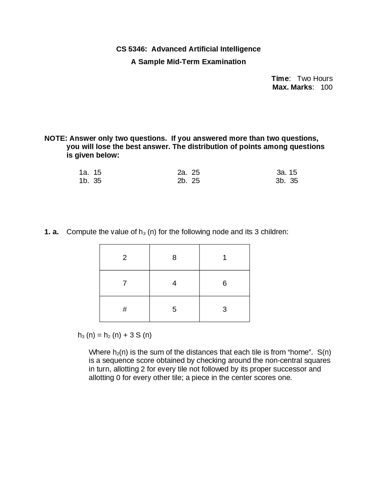 Sample Midterm Examination Advanced Artificial Intelligence Cs 5346