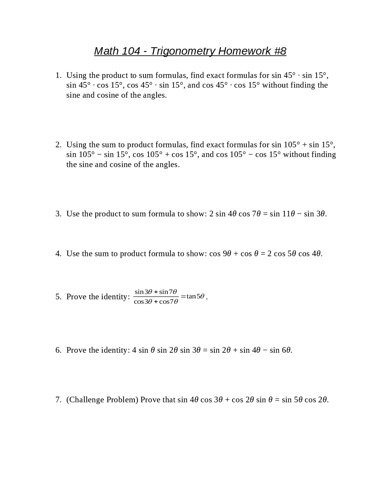 Trigonometry Homework 8 Number Theory Math 104a Docsity