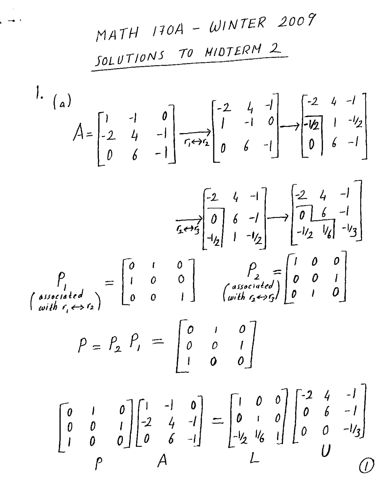 Solutions To Midterm 2 Numerical Linear Algebra Math 170a Docsity