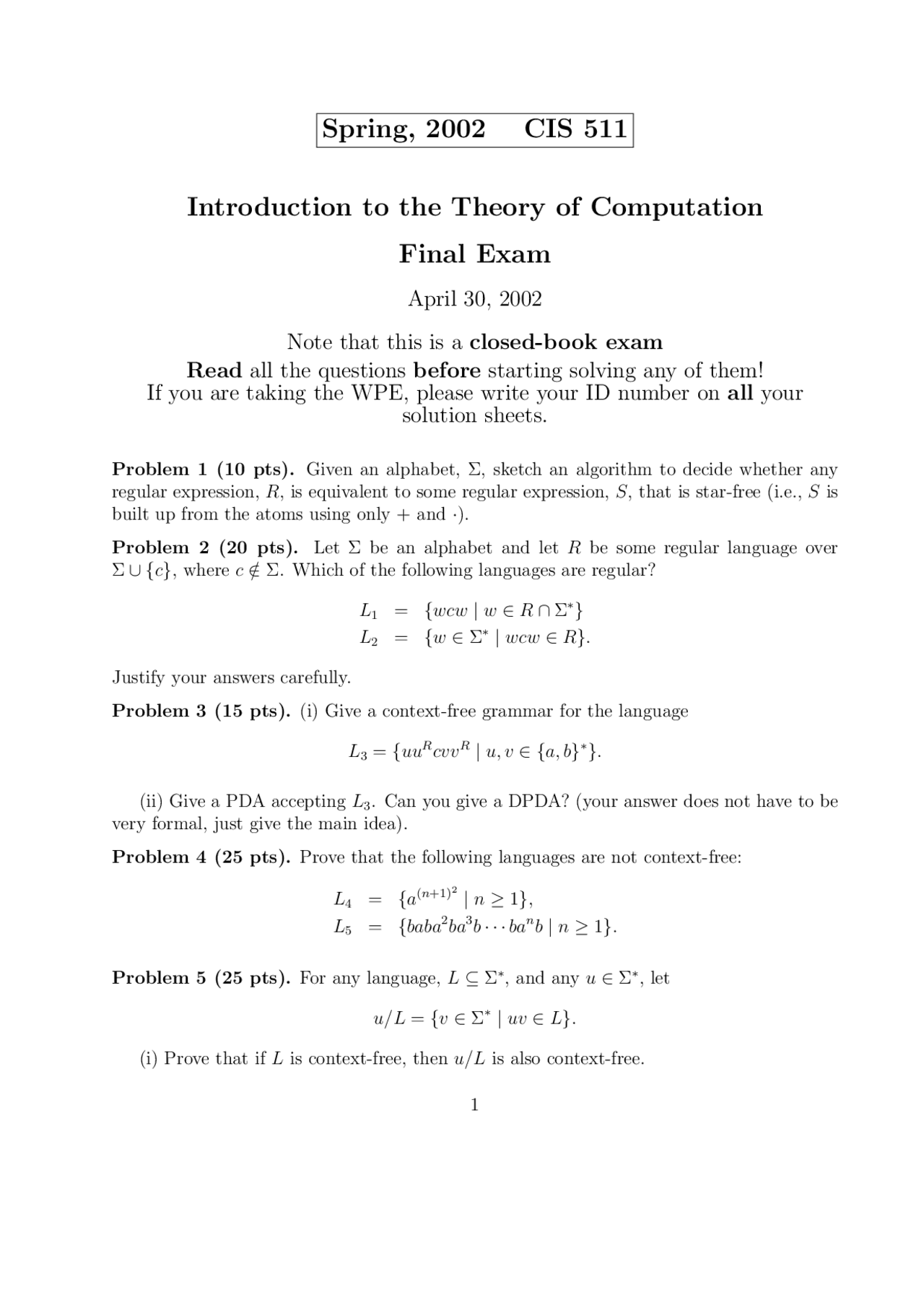 Final Exam Questions For Theory Of Computation CIS 511 Docsity Final Exam Questions For Theory Of Computation CIS 511 Docsity
