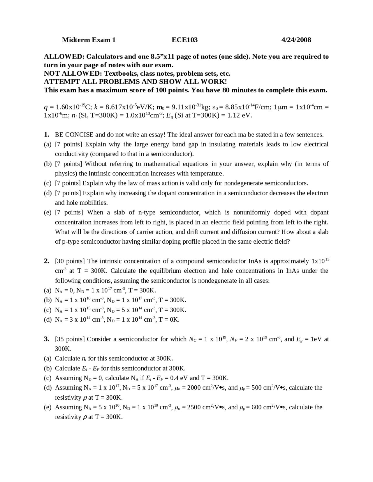 Fundamentals Devices And Materials Midterm Exam 1 Ece 103 Docsity