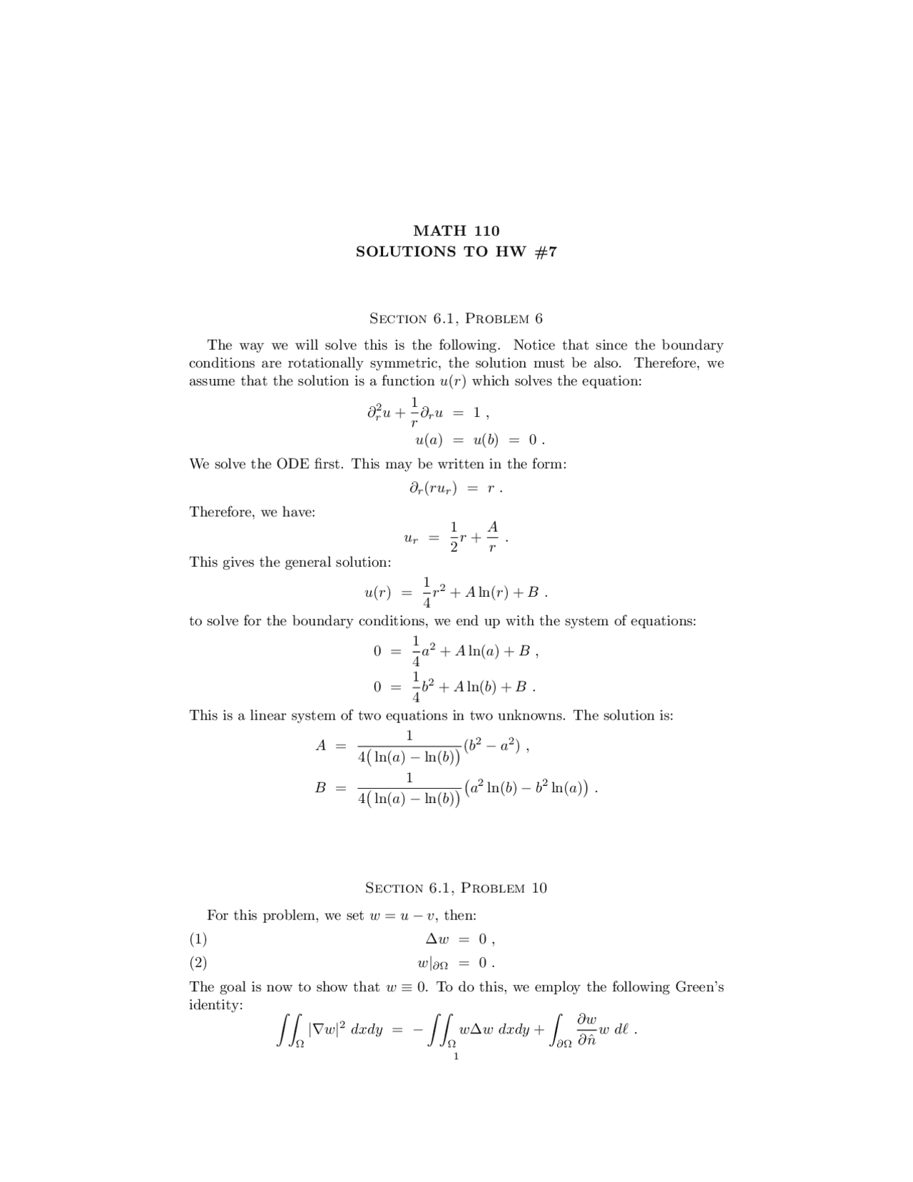 Solution To Assignment 7 Introduction Partial Differential Equations Math 110 Docsity