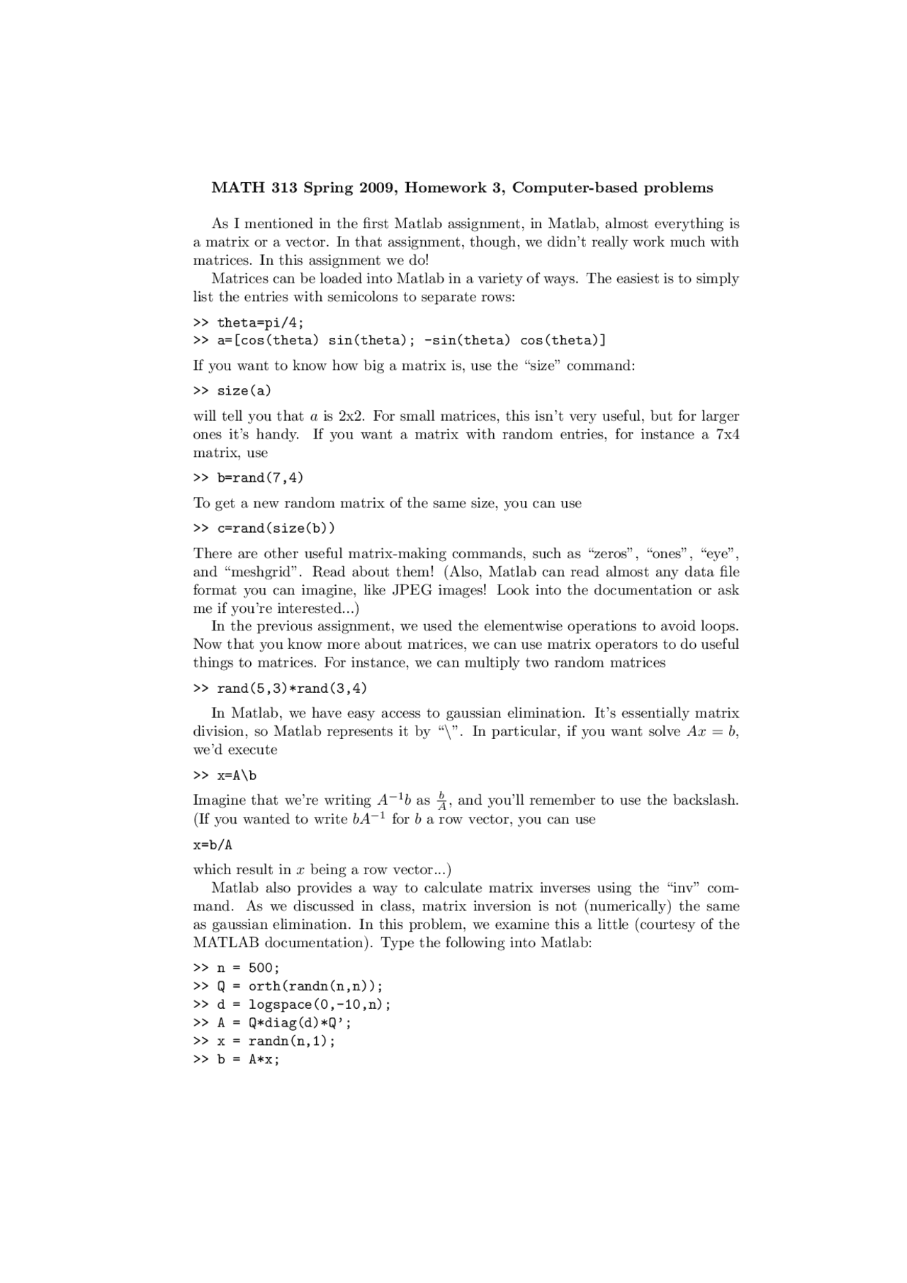 3 Computer-Based Problems - Linear Algebra -MATLAB Assignment | MATH 313 | Assignments ...