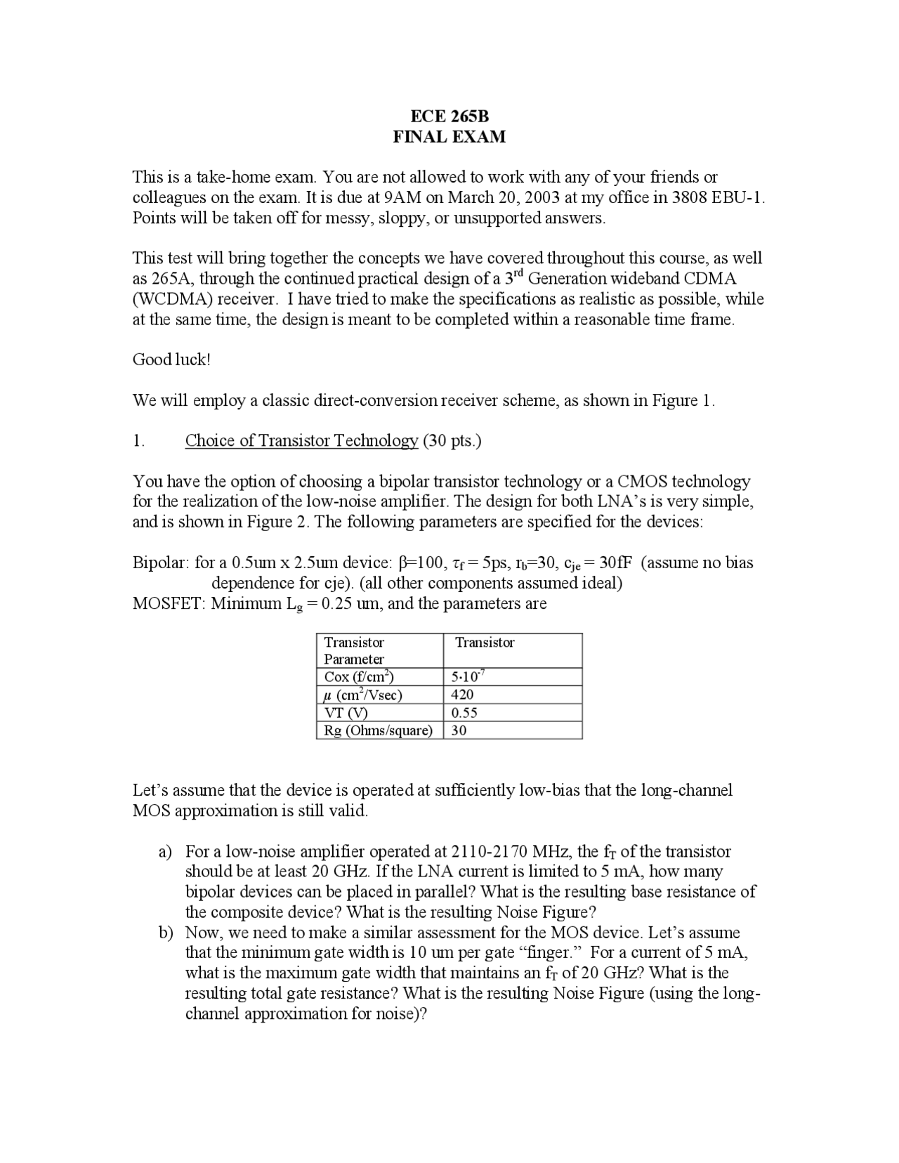 Communication Circuit Design Ii Final Exam Ece 265b Docsity