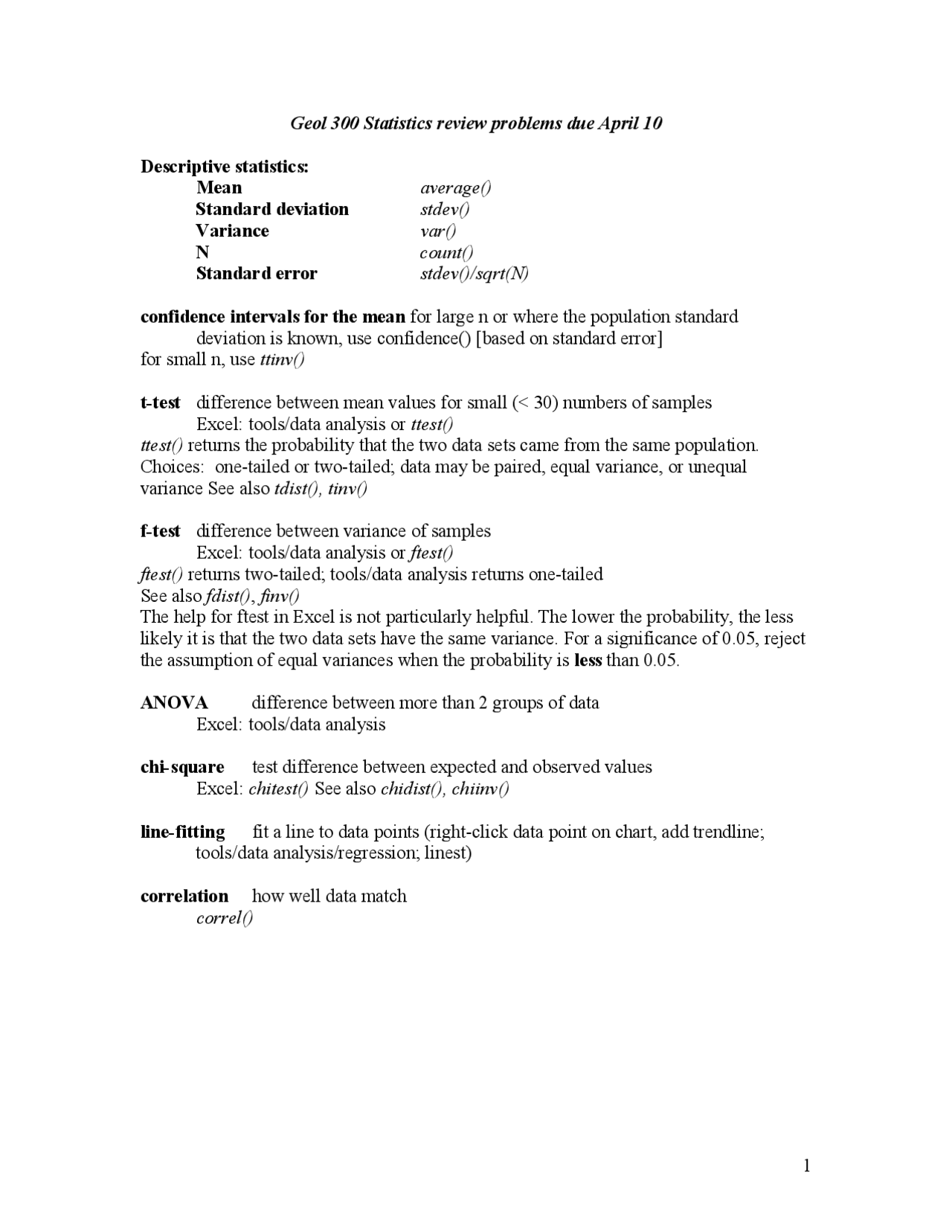 Statistical Review Problems Geological Data Analysis Geol 300 Docsity
