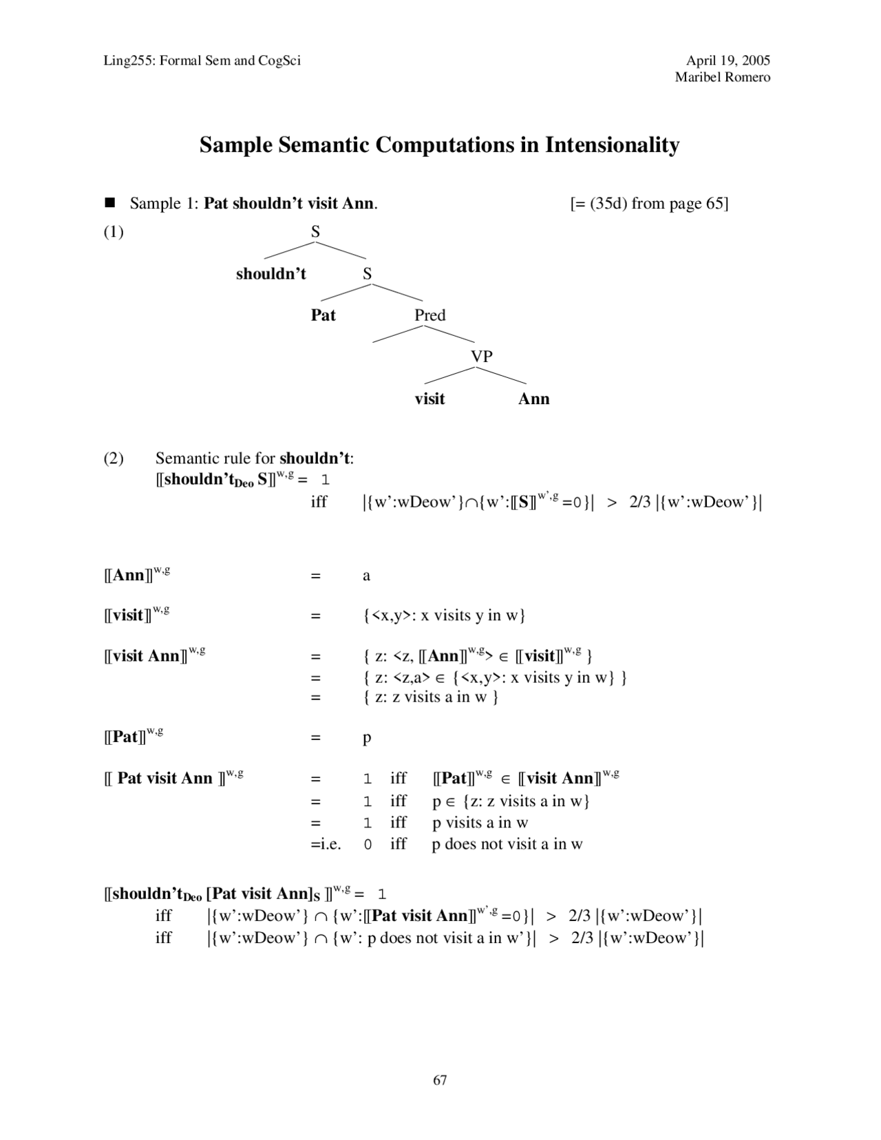 Sample Semantic Computations In Intensionality Solved Samples Ling 255 Docsity