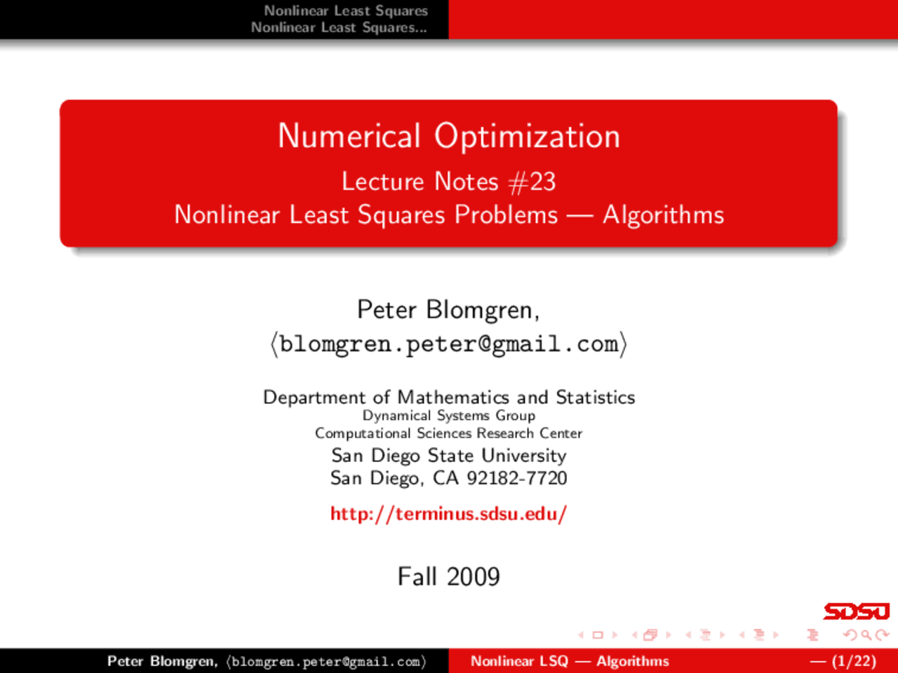 Nonlinear Least Squares Problems Algorithms Lecture Slides Math