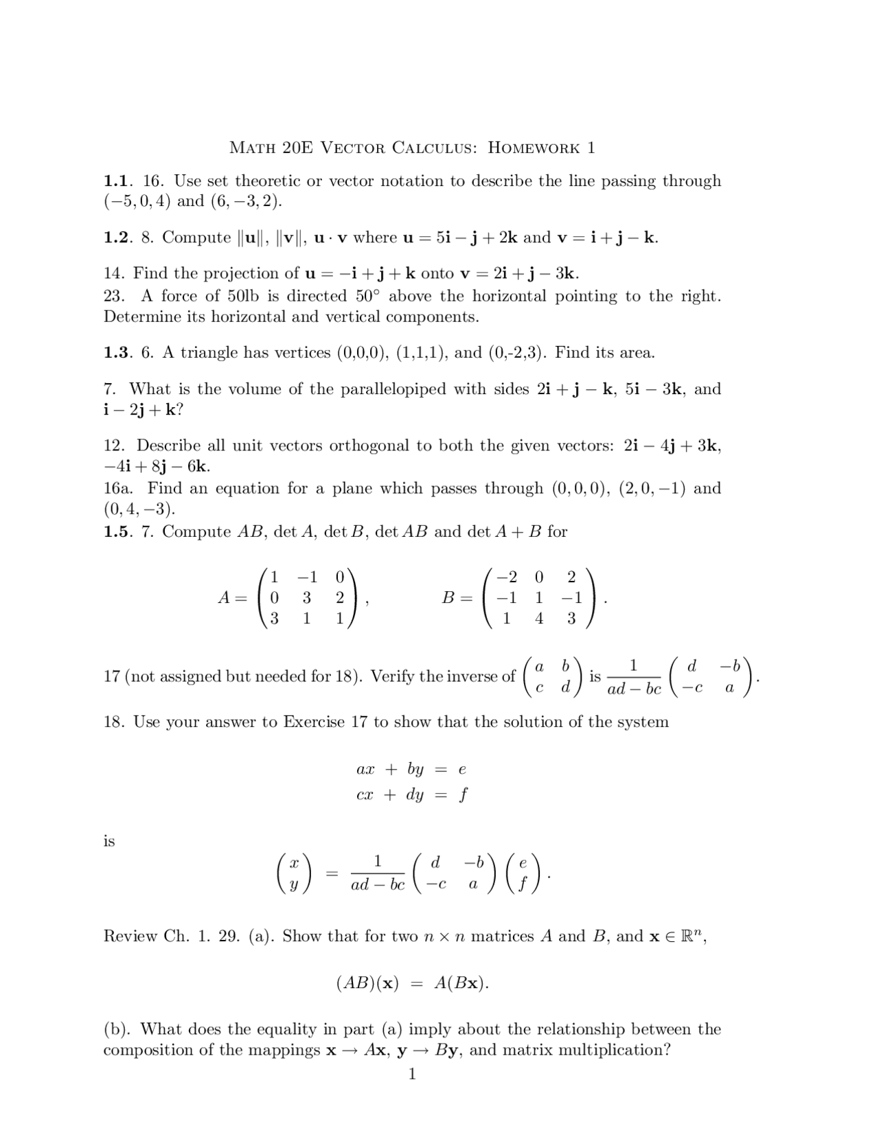 Assignment 1 For Vector Calculus Math 20e Docsity