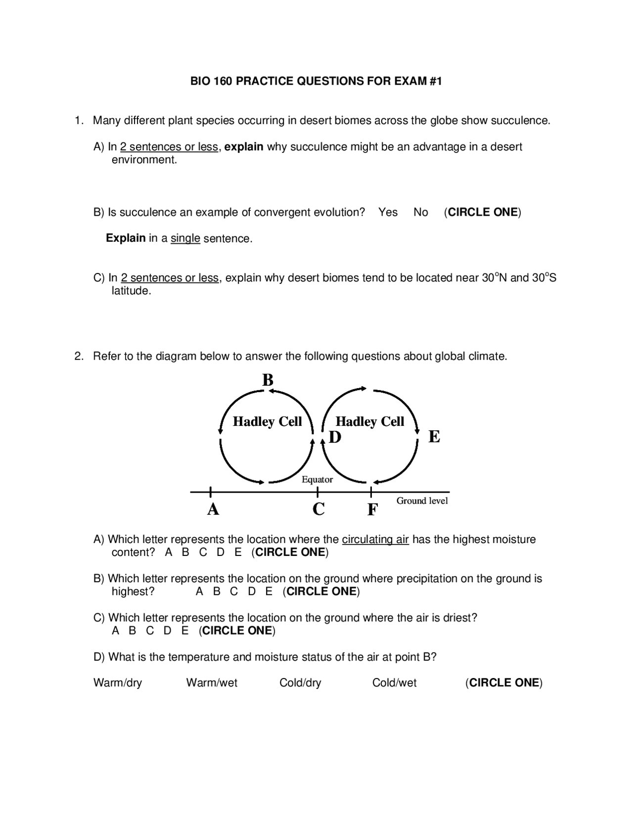 Practice Questions For Exam 1 General Ecology Bio 160 Docsity
