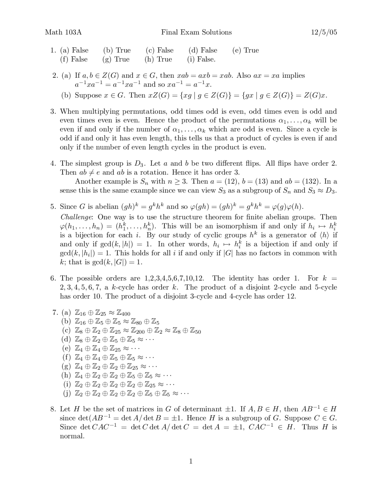 Solutions to Final Exam - Applied Modern Algebra | MATH 103A - Docsity