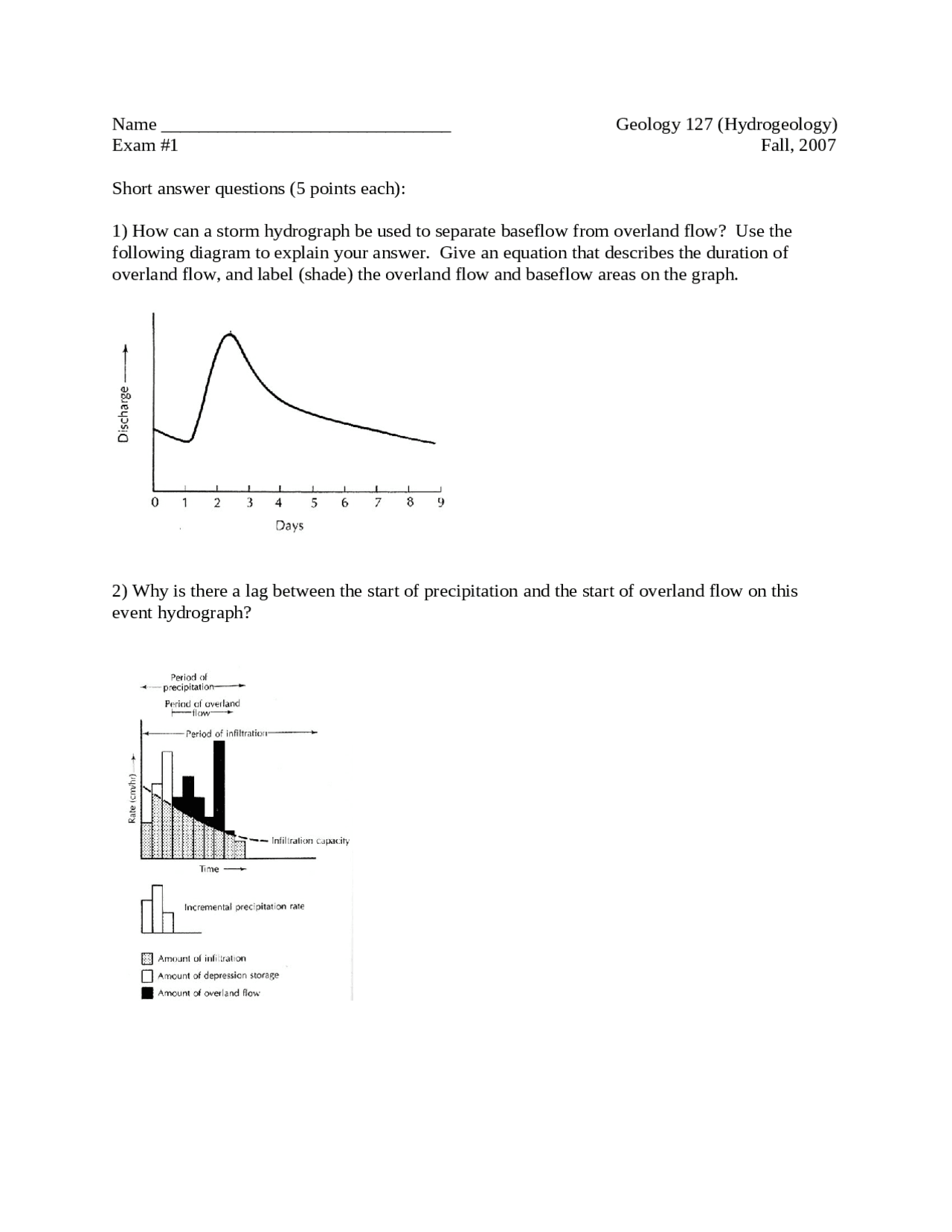 Exam 1 For Hydrogeology Fall 2007 Geol 127 Docsity