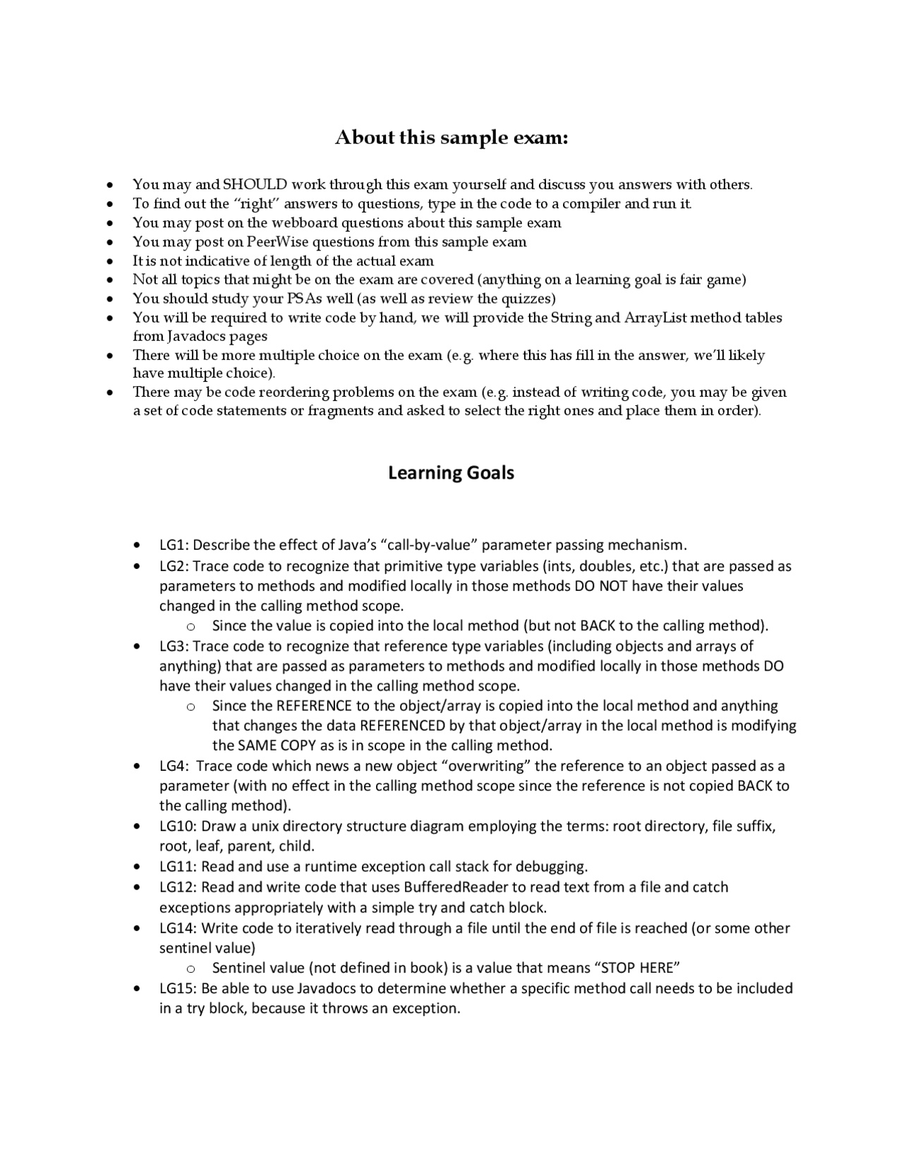 Review Sheet For Exam Introduction To Computer Science Java B Cse