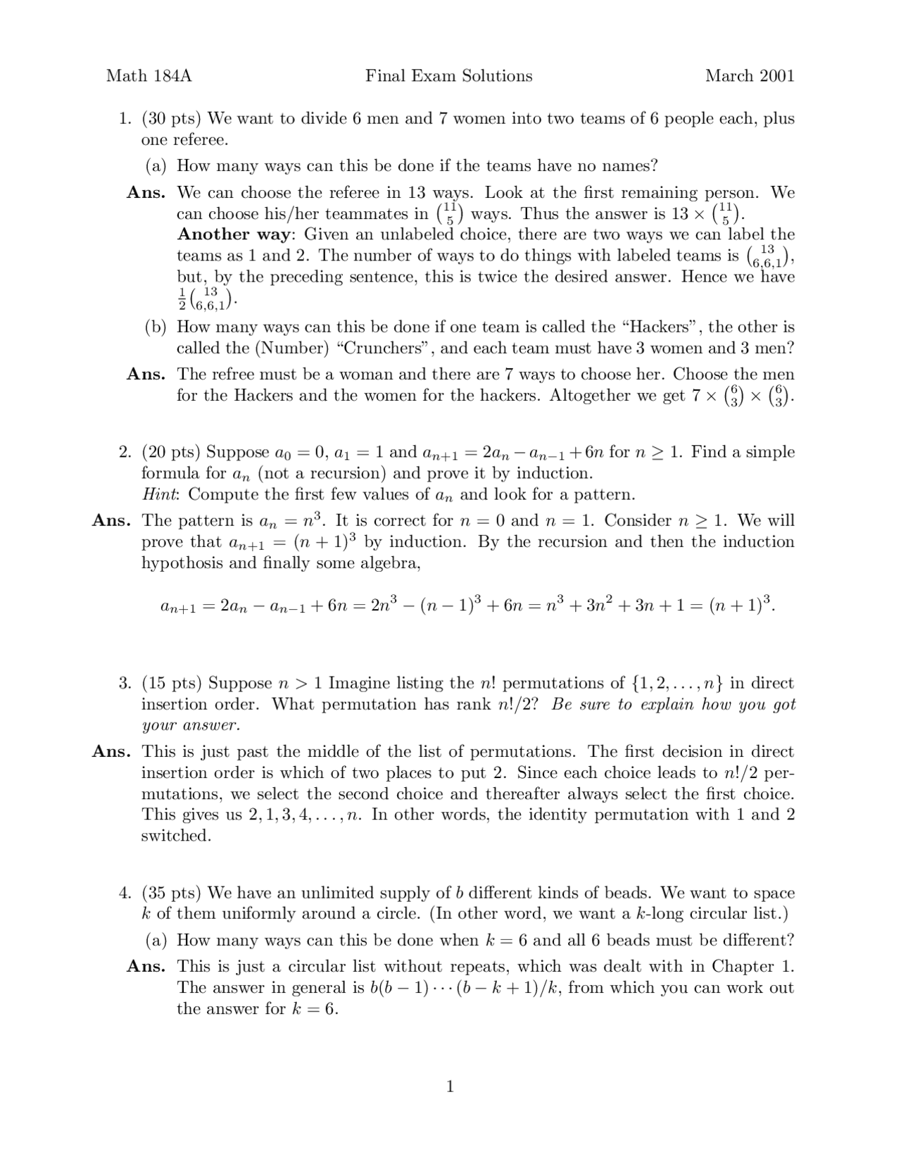 Final Exam Solutions for Combinatory | MATH 184A - Docsity