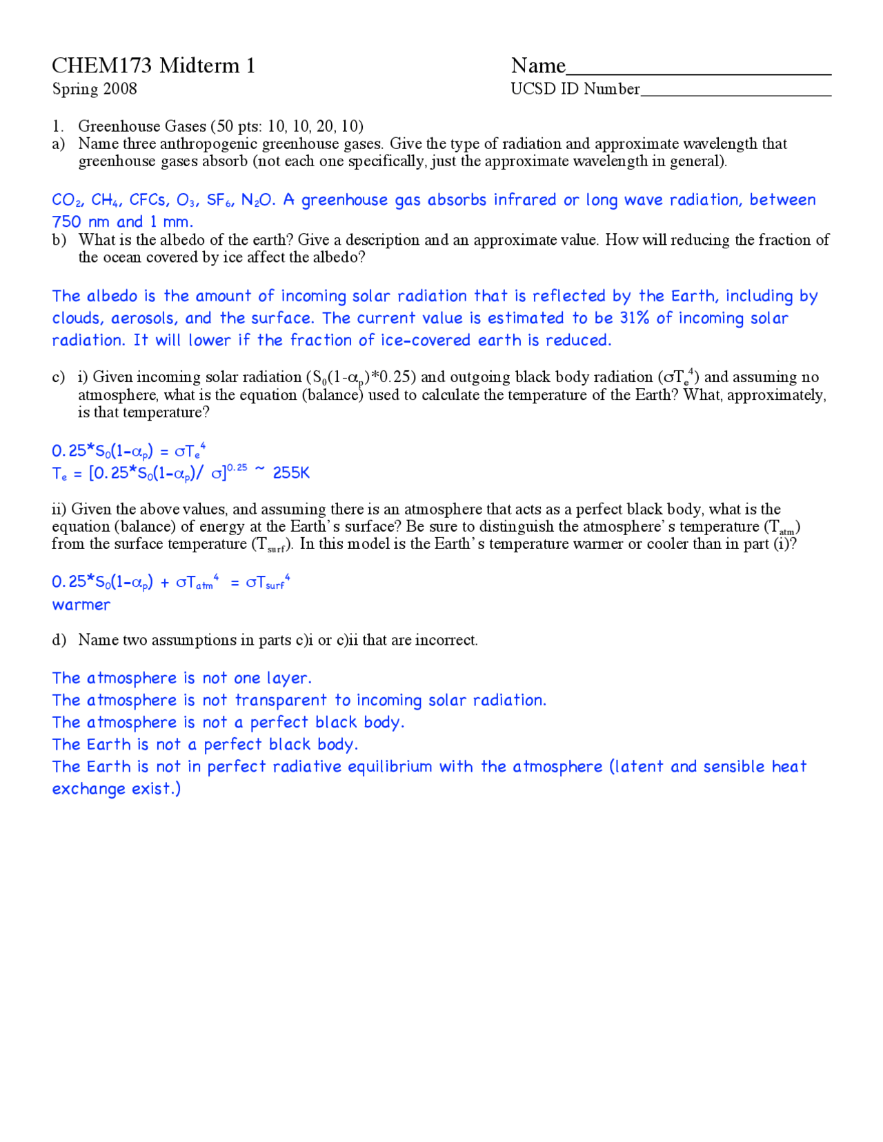 Midterm Exam 1 For Atmospheric Chemistry Chem 173 Docsity