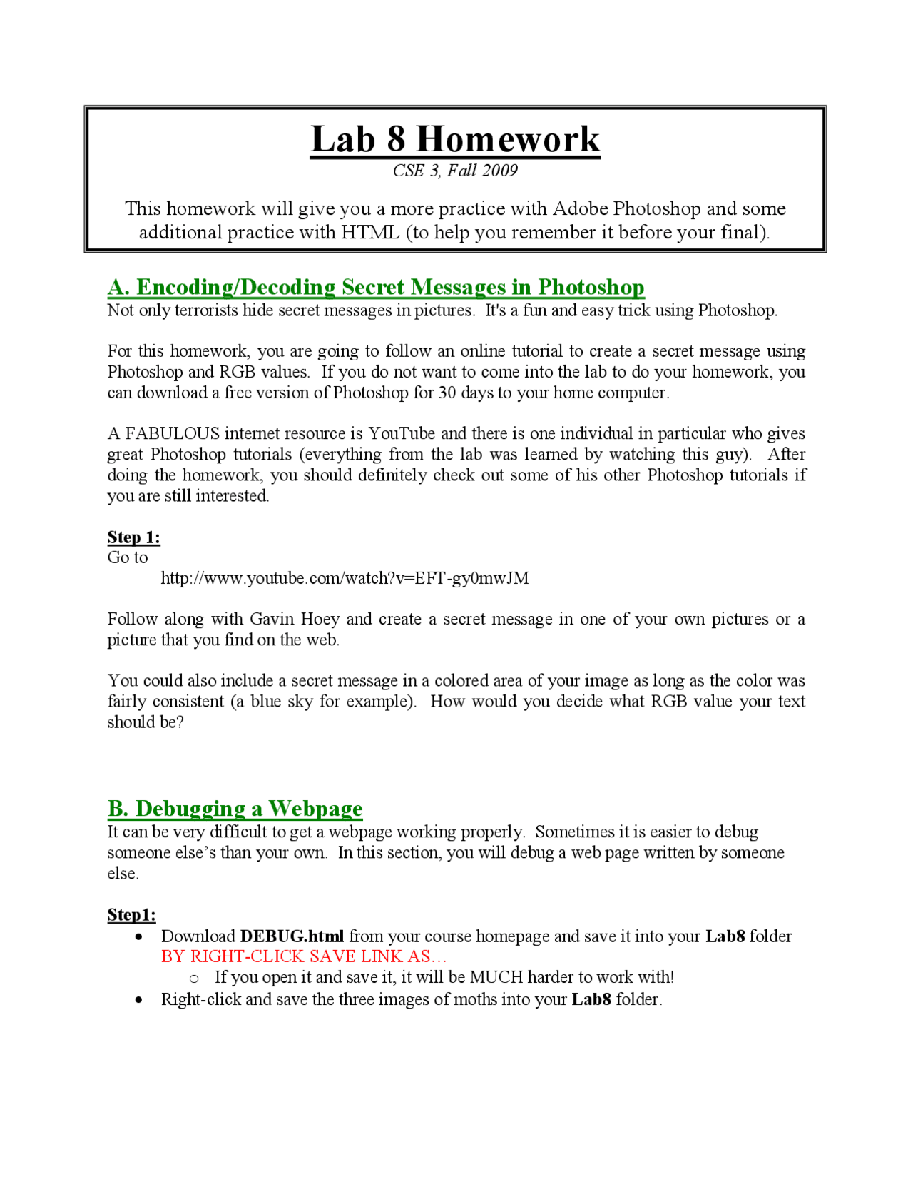 Lab 8: Adobe Photoshop and HTML - Homework | CSE 3 - Docsity