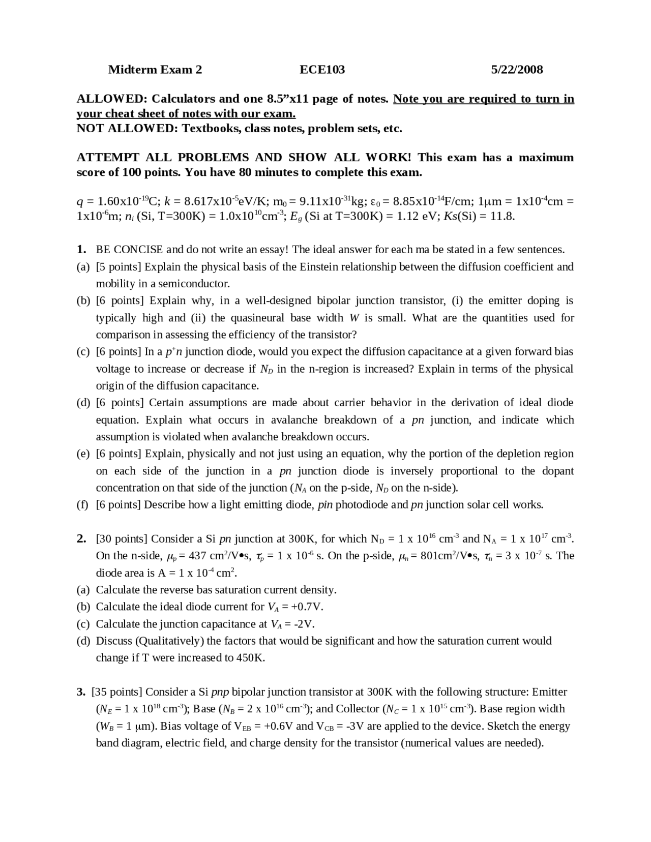 Midterm Exam 2 For Fundamentals Of Devices And Materials Ece 103