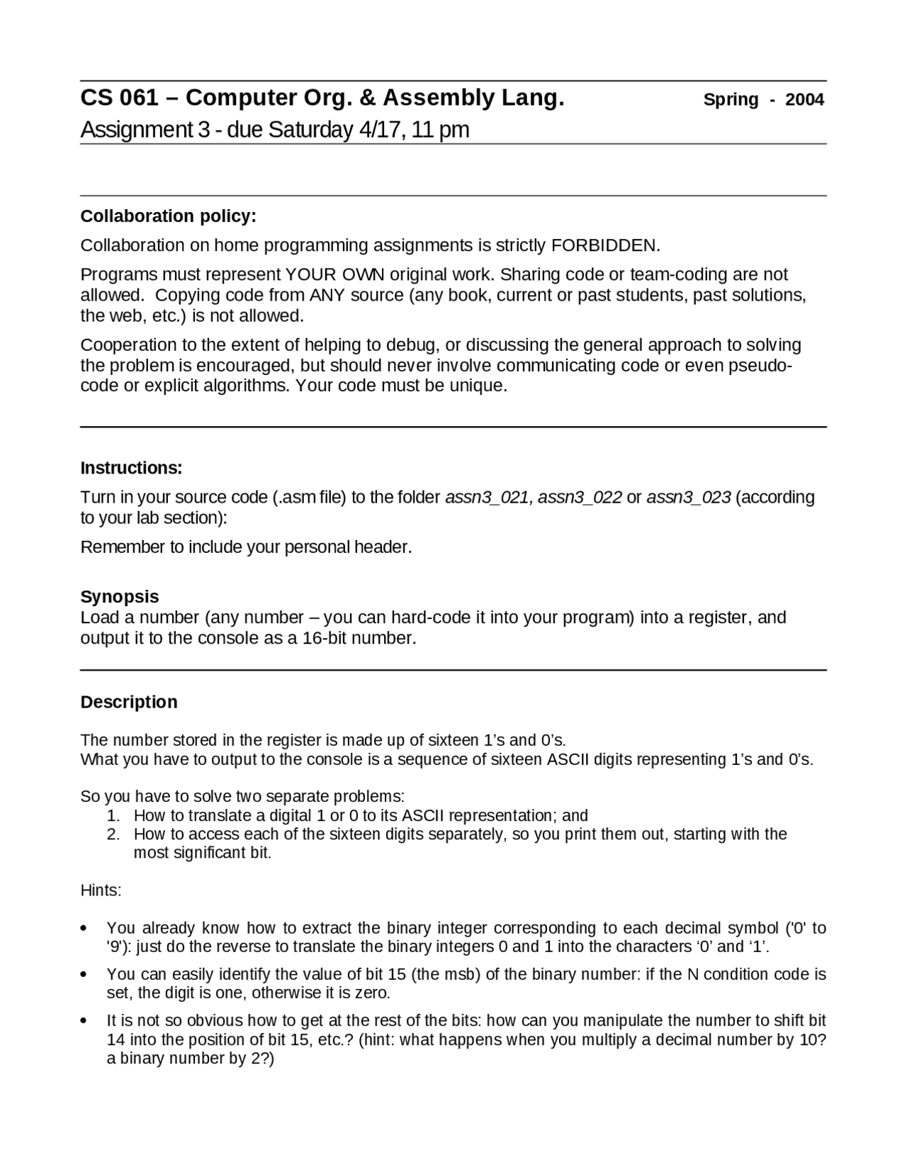 Computer Organization And Assembly Language Assignment 3 Spring 2004 Cs 061 Docsity