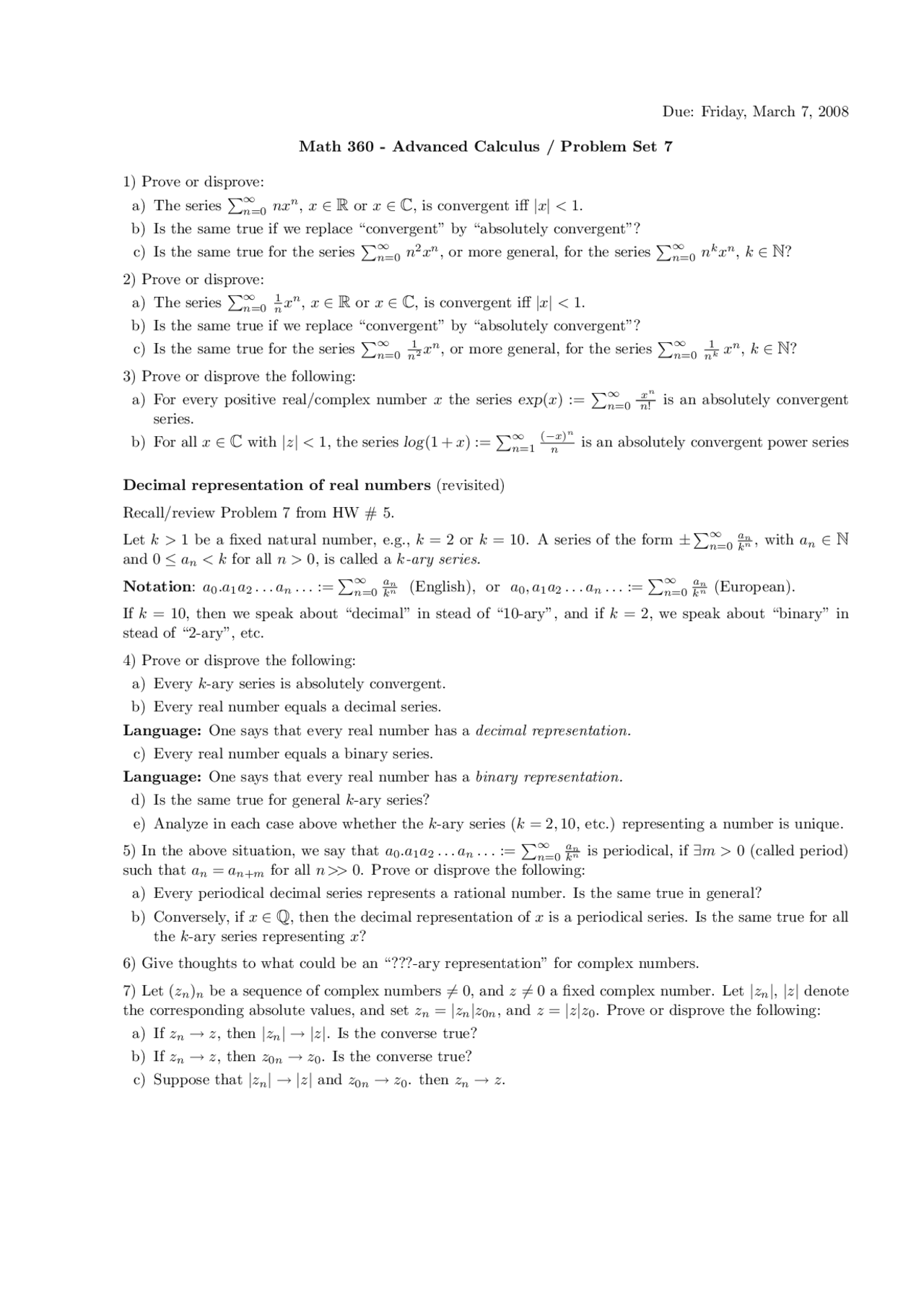 Advanced Calculus Assignment 7 Problem Set Math 360 Docsity
