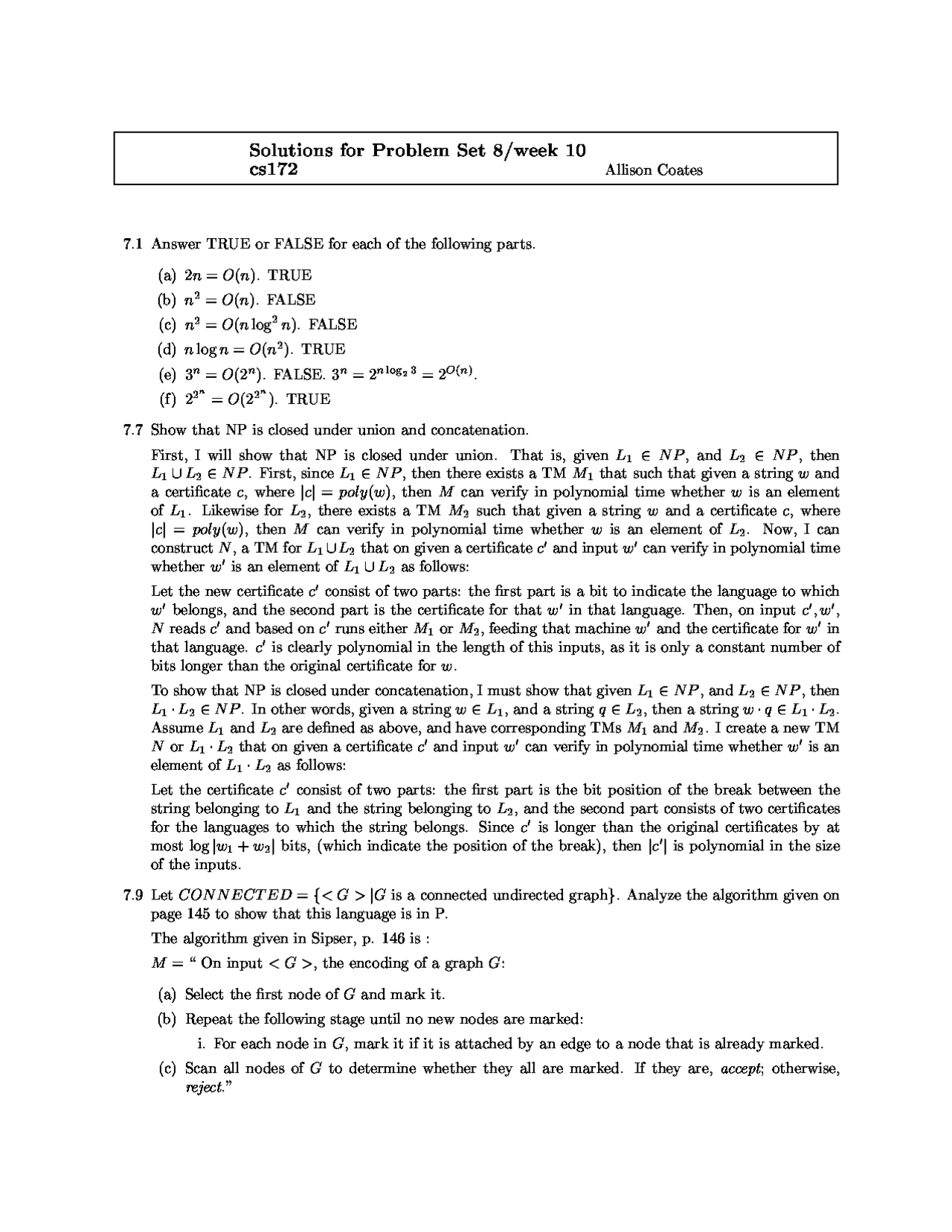 Solutions Of Problem Set 8 On Theory Of Computation Cs 215 Docsity